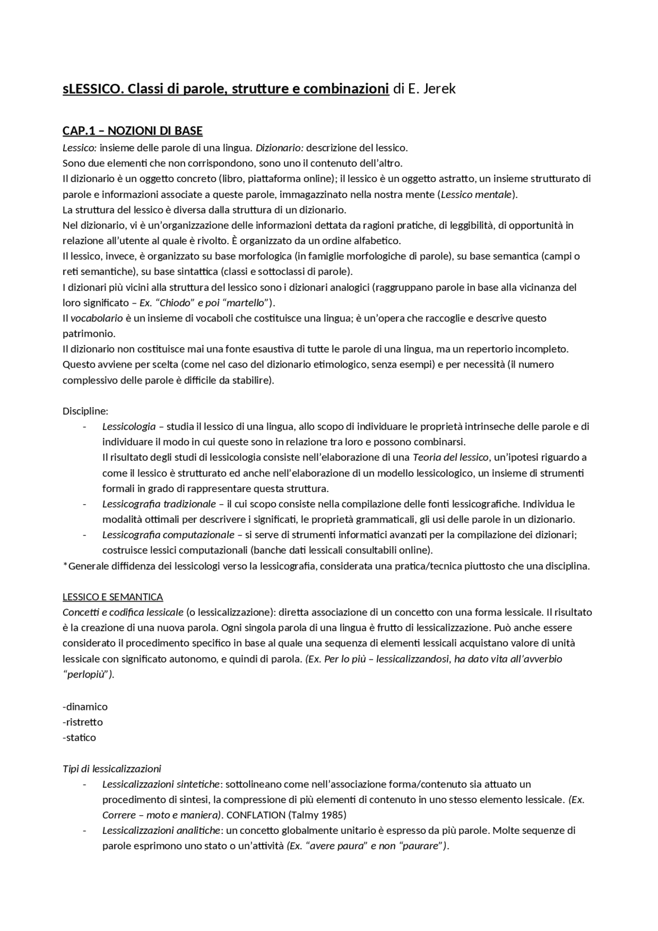 Lessico Classi Di Parole Strutture Combinazioni Jezek Docsity