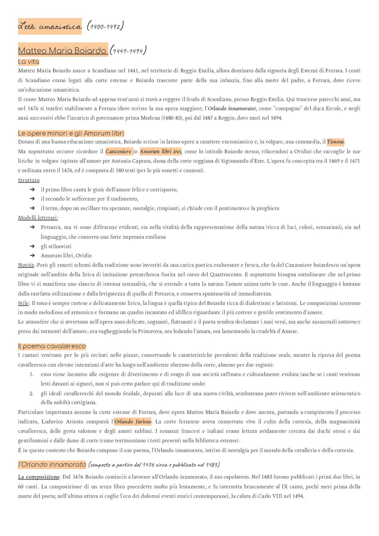 Letteratura Boiardo Docsity