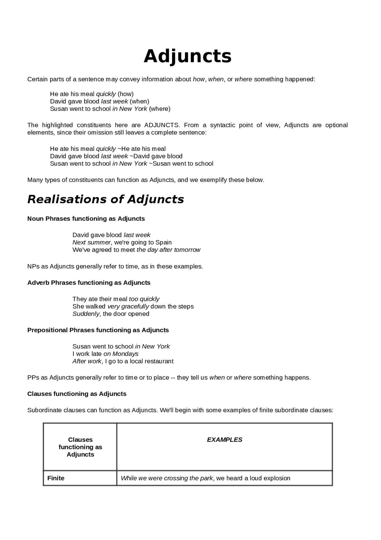 Adjuncts & Adverbs English Grammar - Docsity