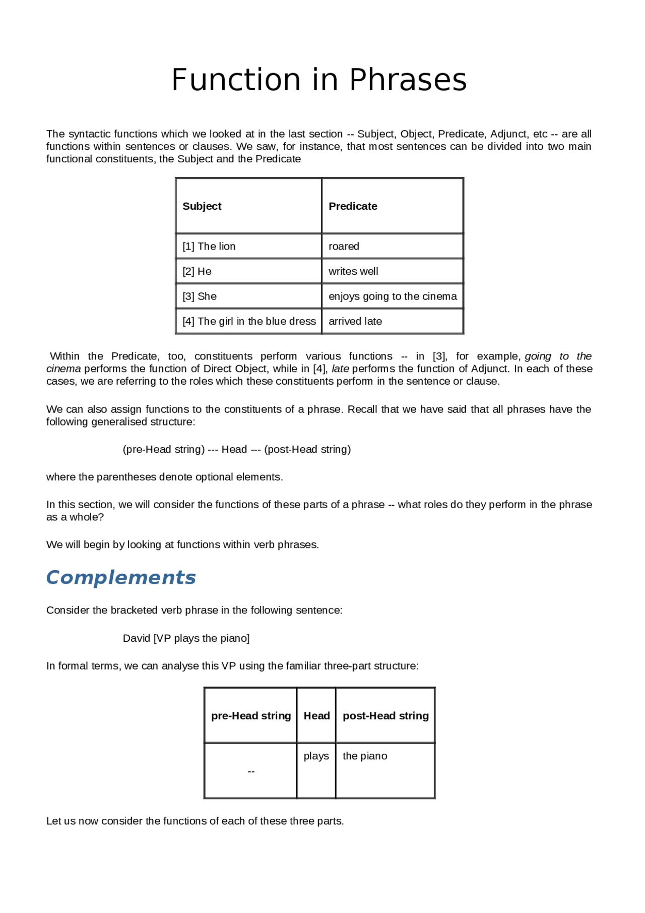 Function in Phrase in English Grammar - Docsity