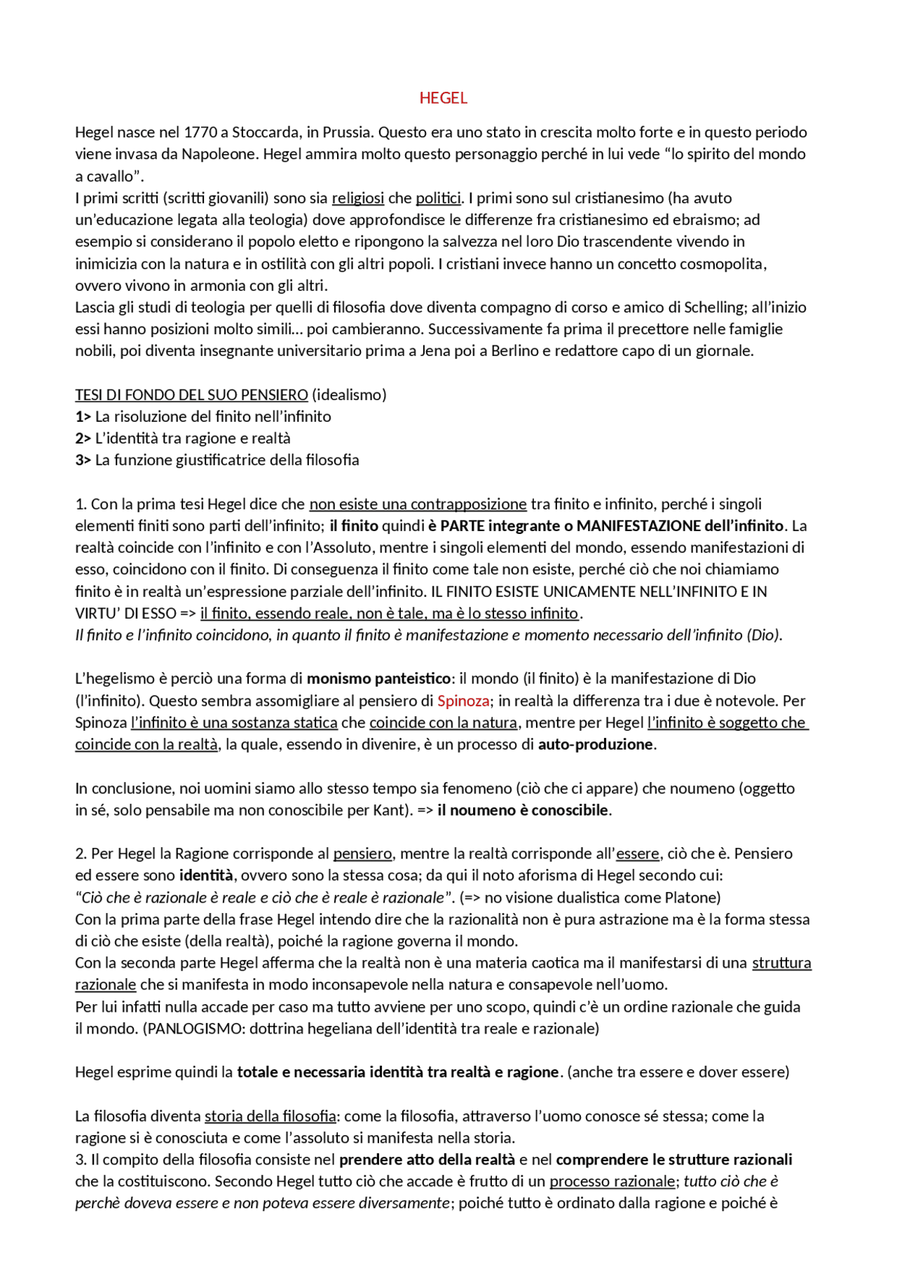Hegel vita opere e tesi di fondo del suo pensiero - Docsity