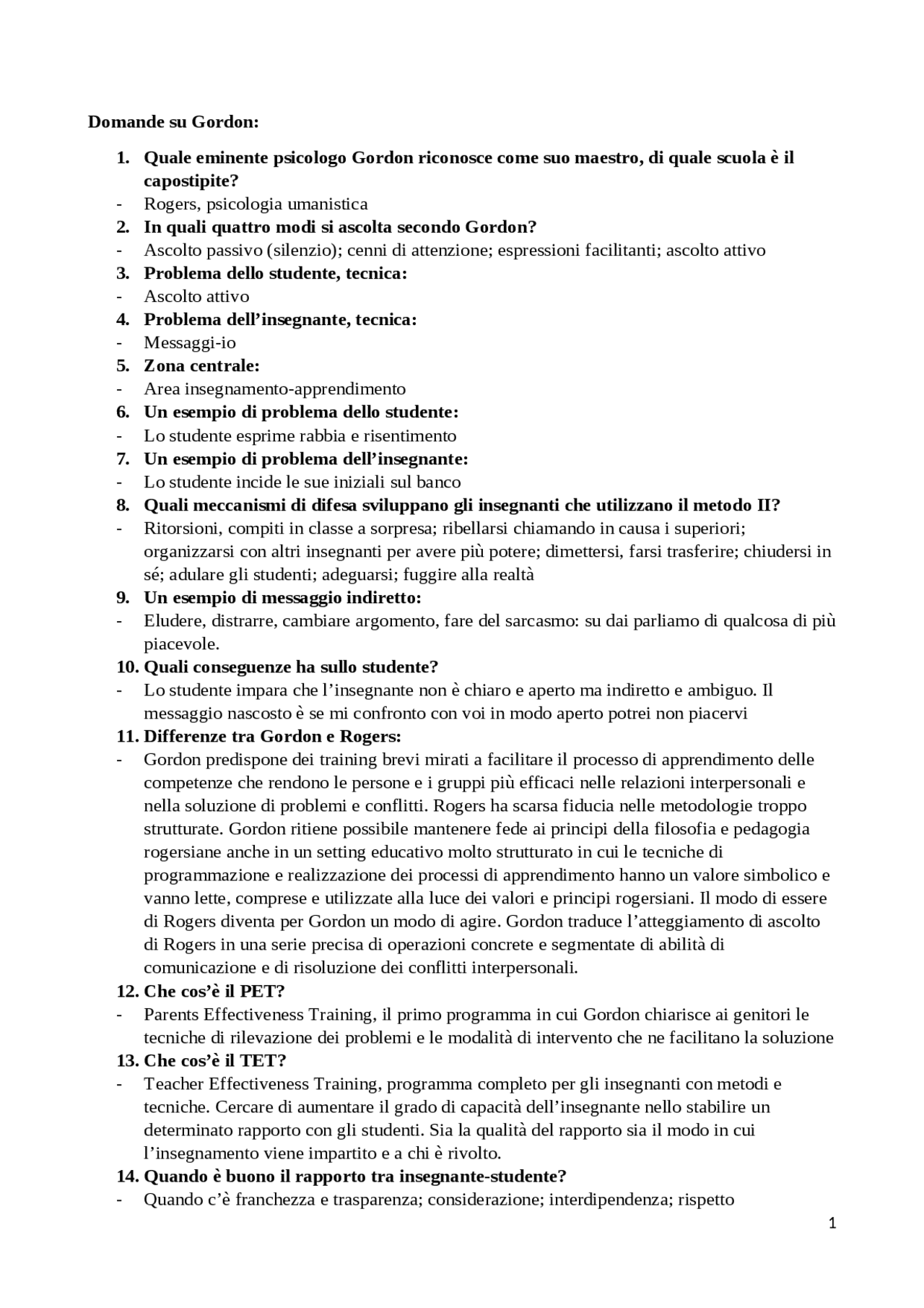 Insegnanti Efficaci Gordon Domande Docsity