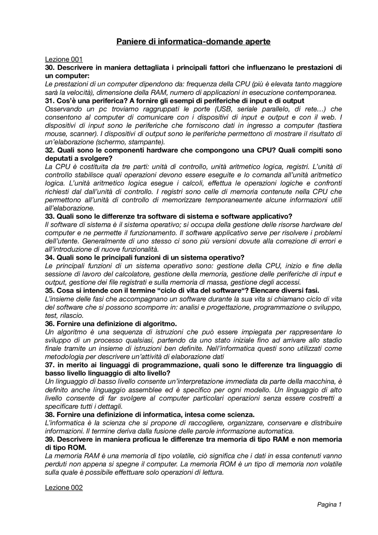 Domande Aperte Informatica 2020 2021 Docsity