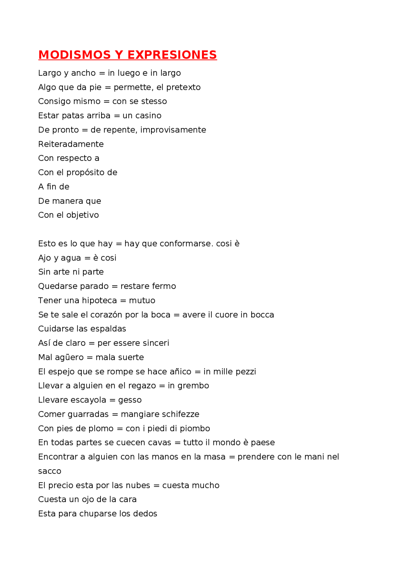 Modismos en español | Schemi e mappe concettuali di Lingua Spagnola ...