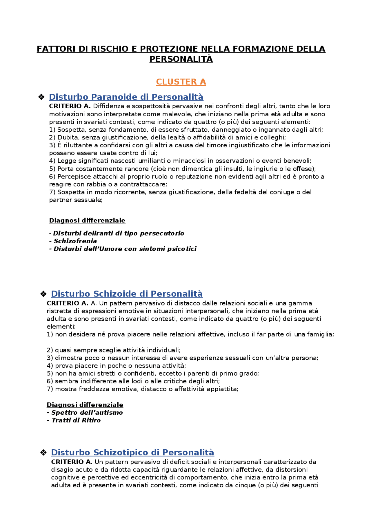 Criteri e diagnosi differenziali DSM-5 - Docsity
