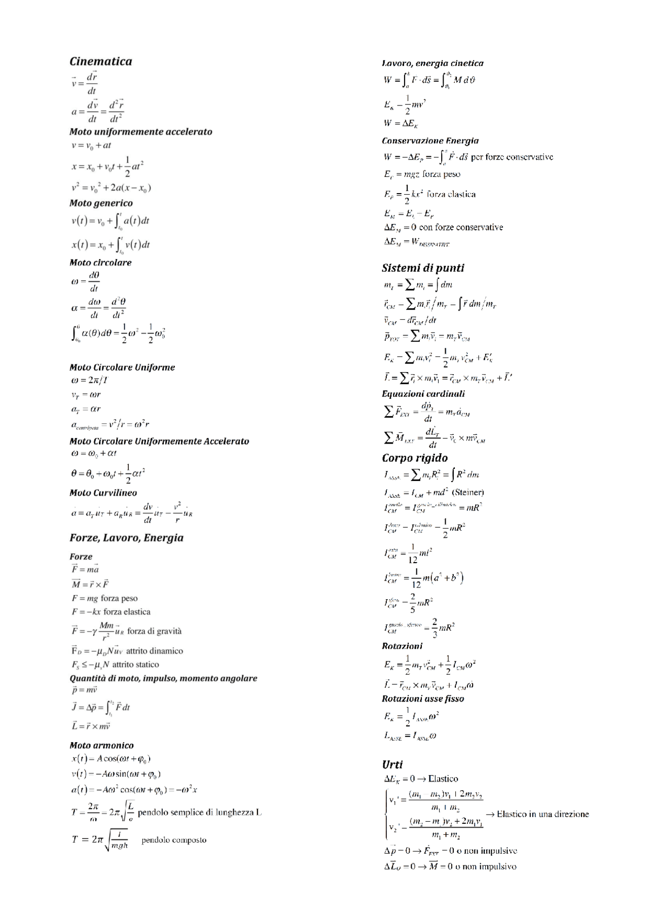 Formulario Meccanica Fisica 1 Docsity