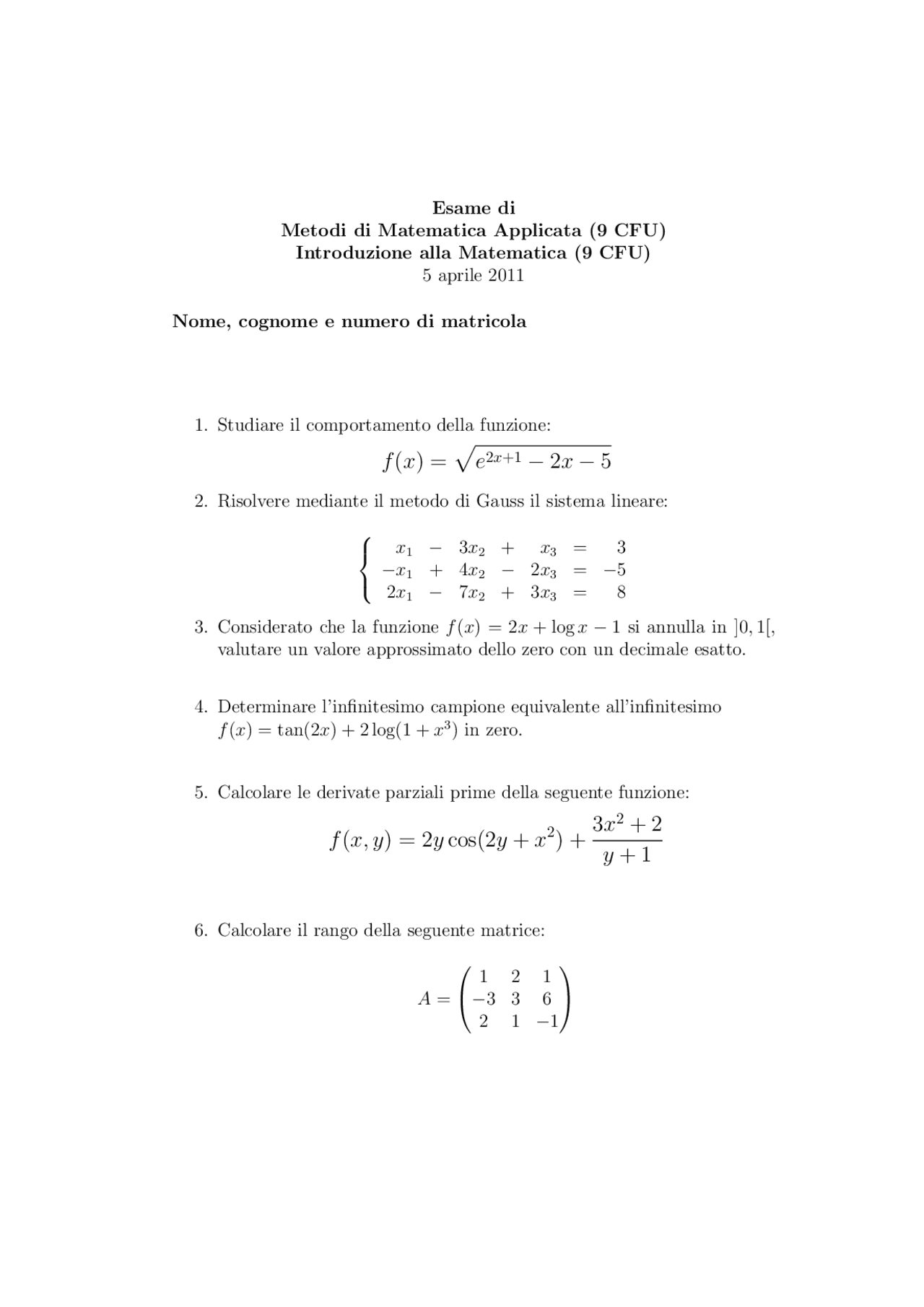 Prove Esame Matematica Applicata Parthenope Docsity