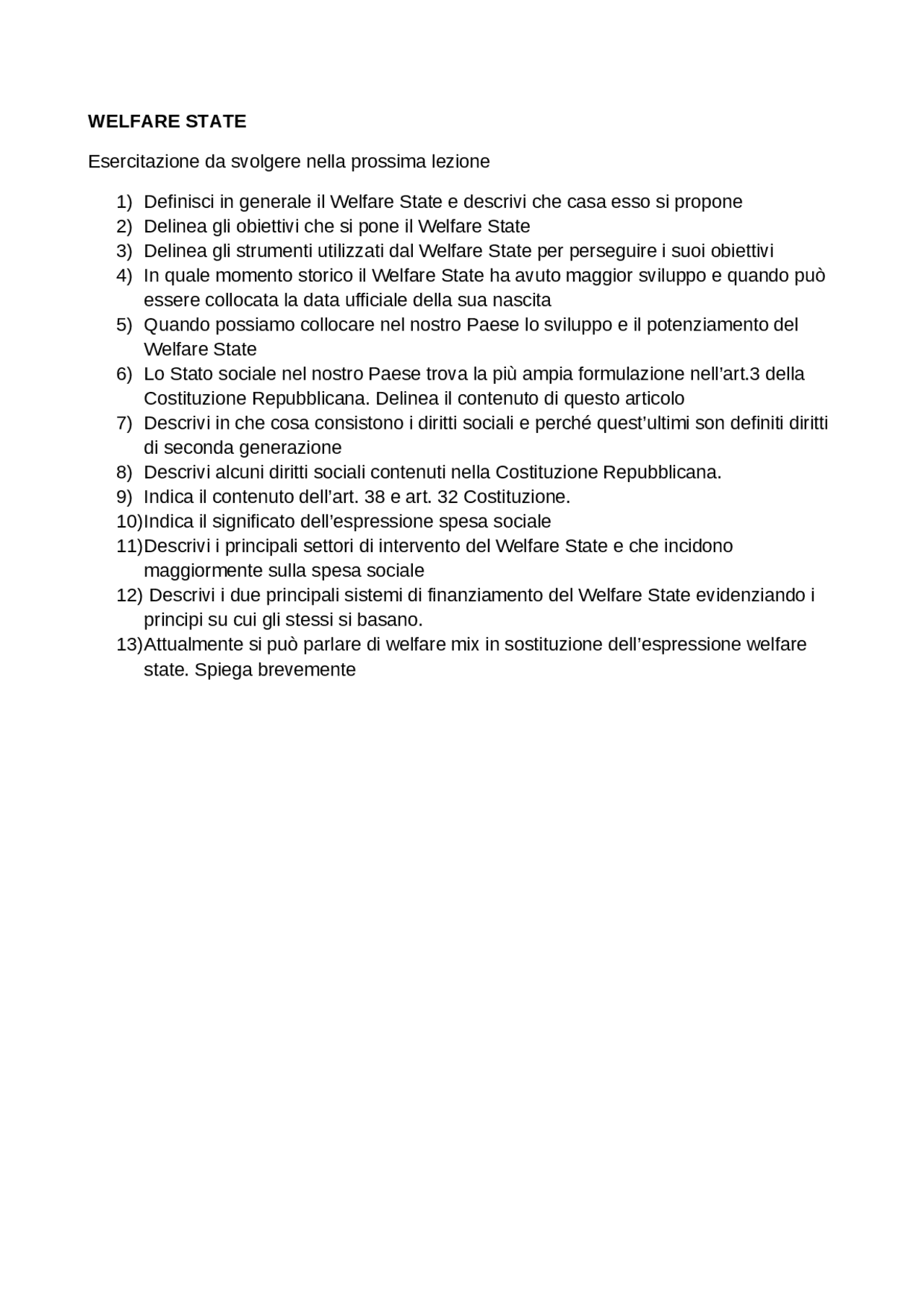 Domande Esercitazione Welfare State Docsity