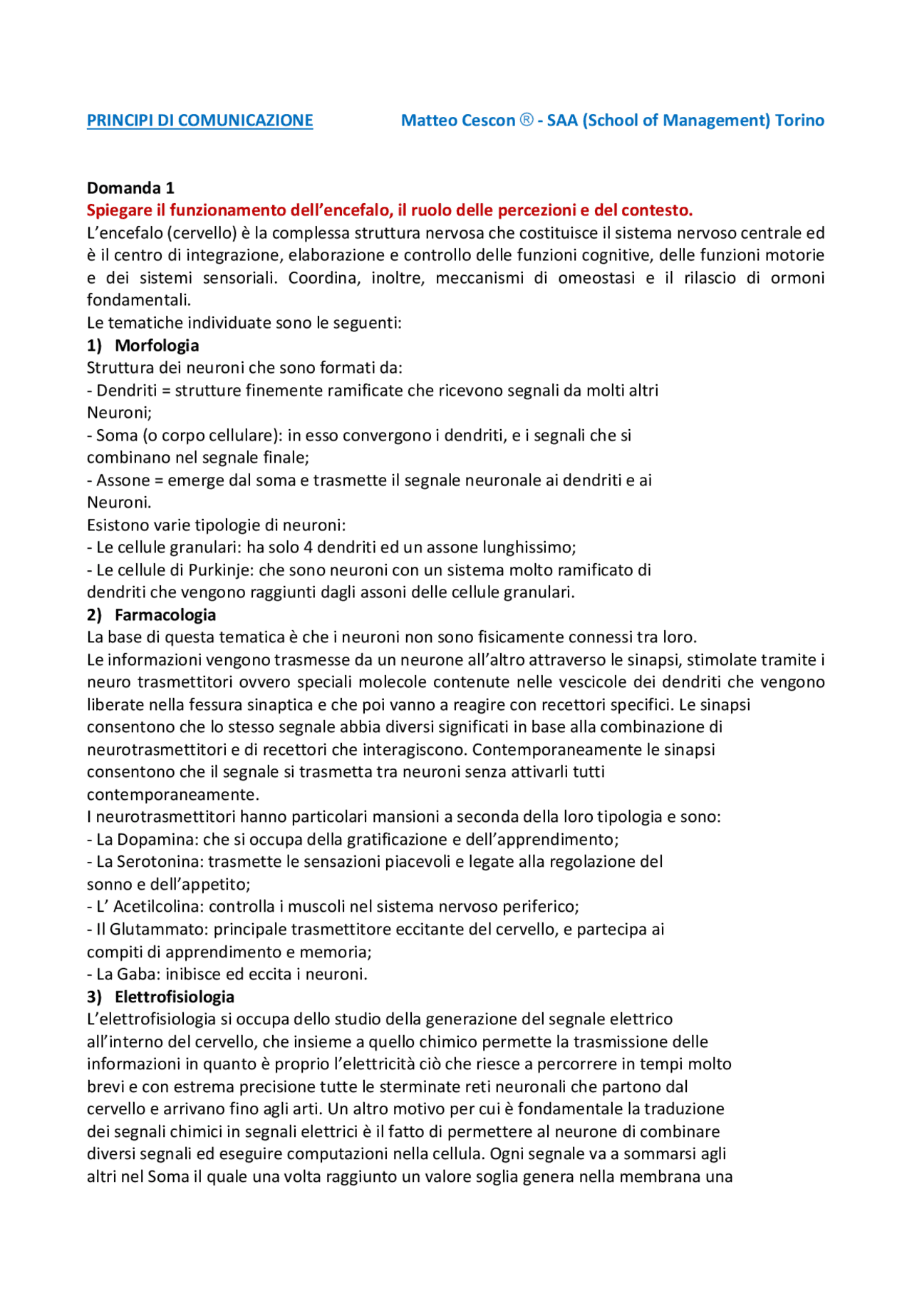 Principi Di Comunicazione Neuroscienze Domande Esame Docsity