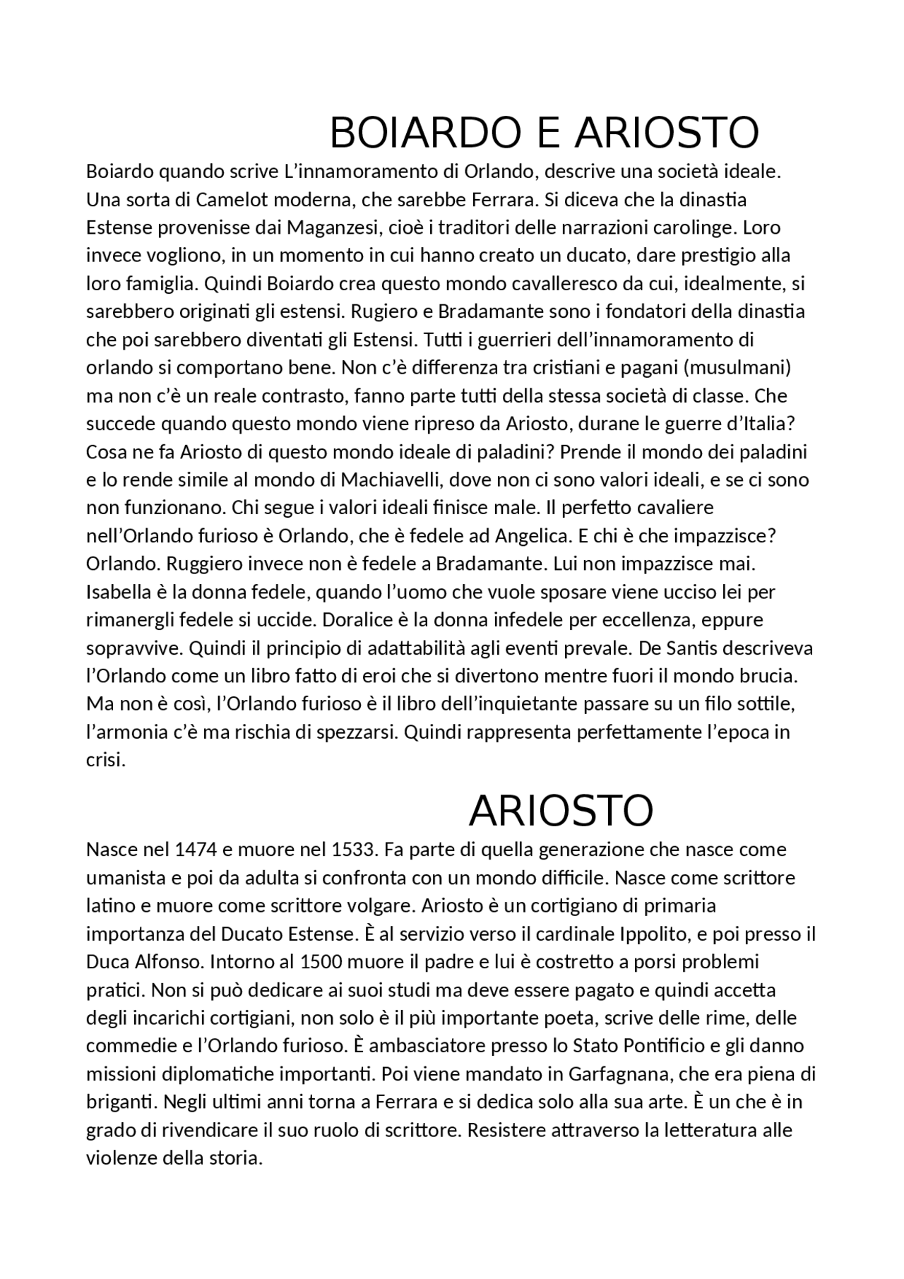 Boiardo E Ariosto Differenze E Biografie Docsity