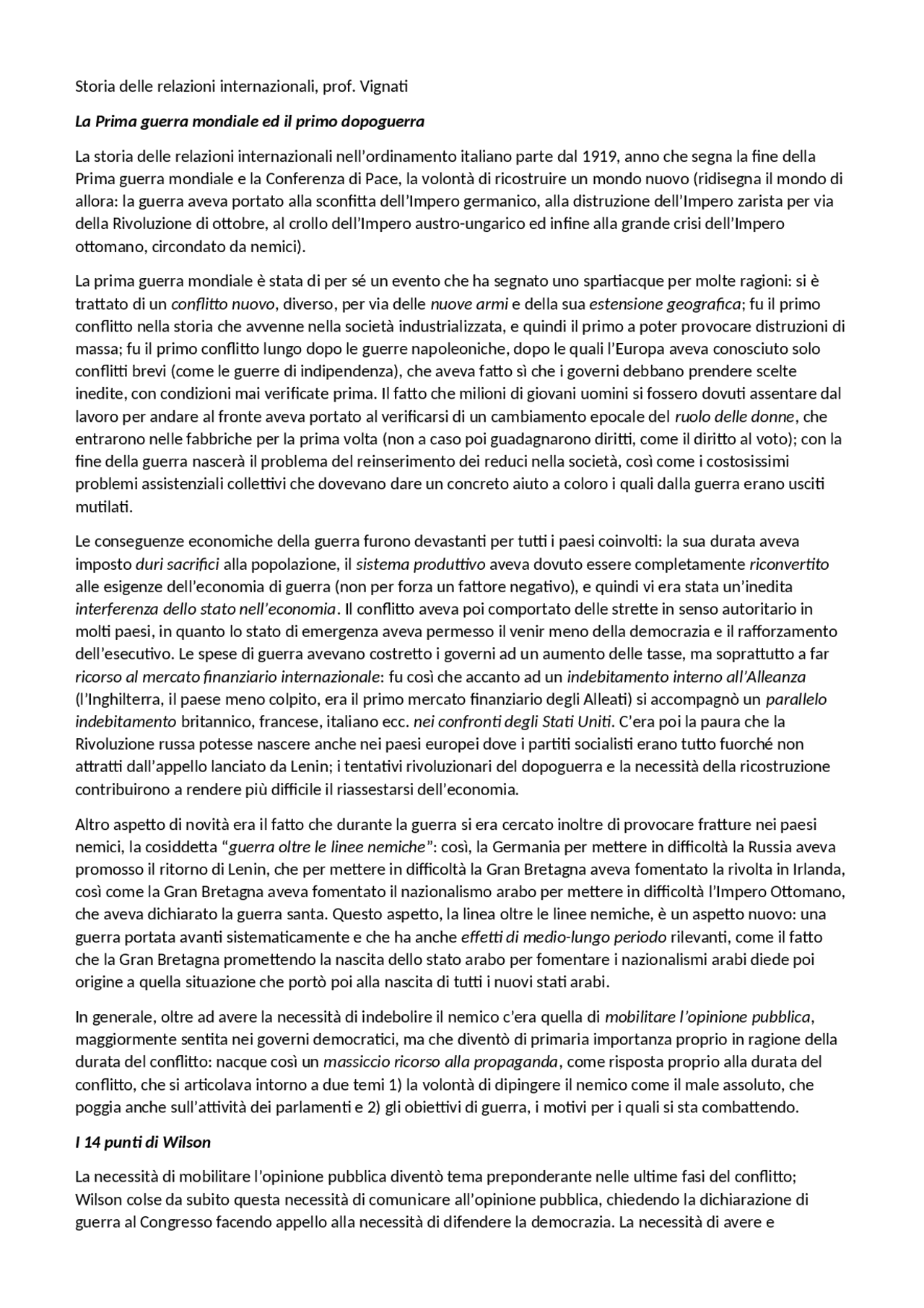 Storia Delle Relazioni Internazionali Prof Vignati Sie Unimi Docsity