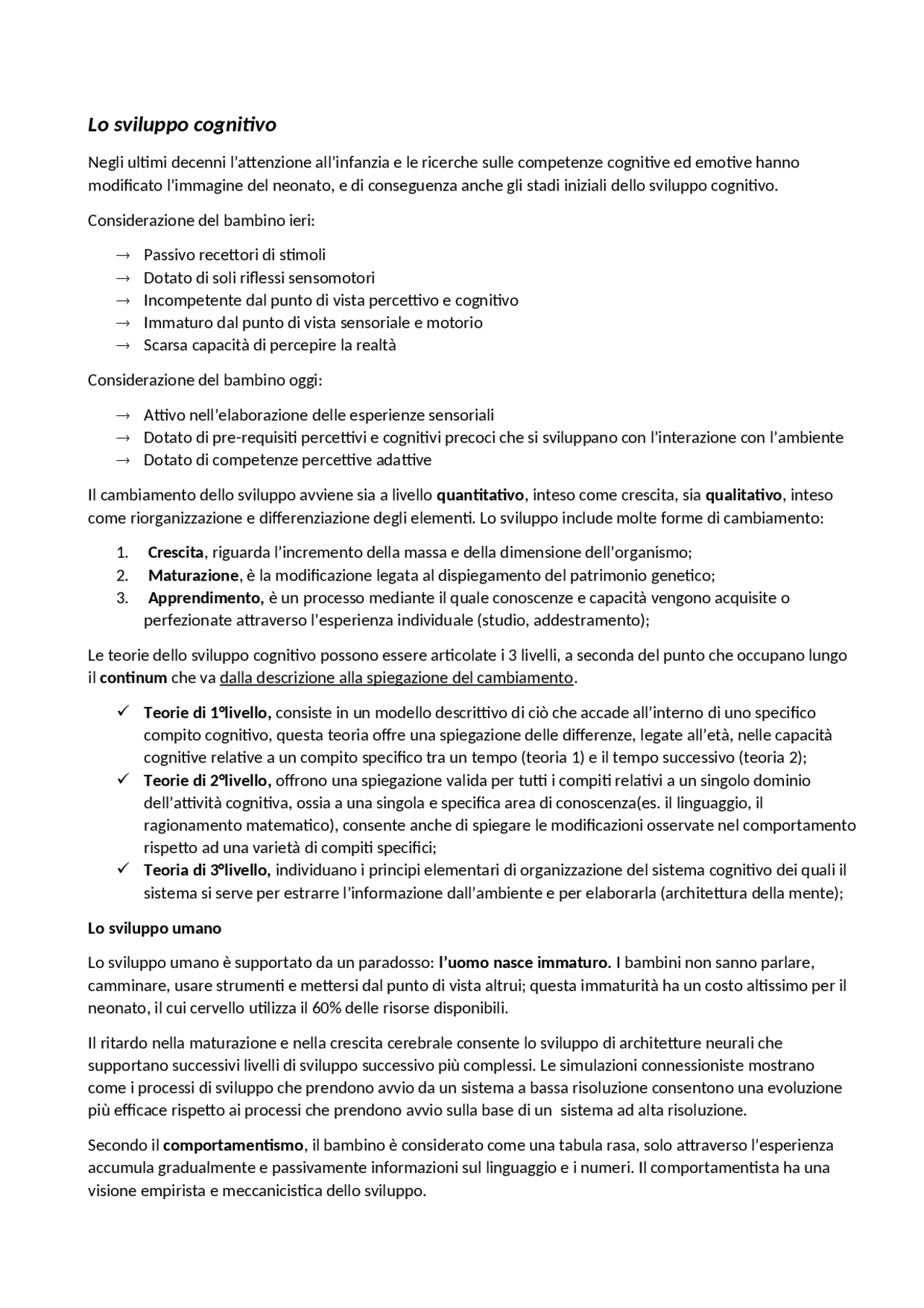 Lo Sviluppo Cognitivo Docsity