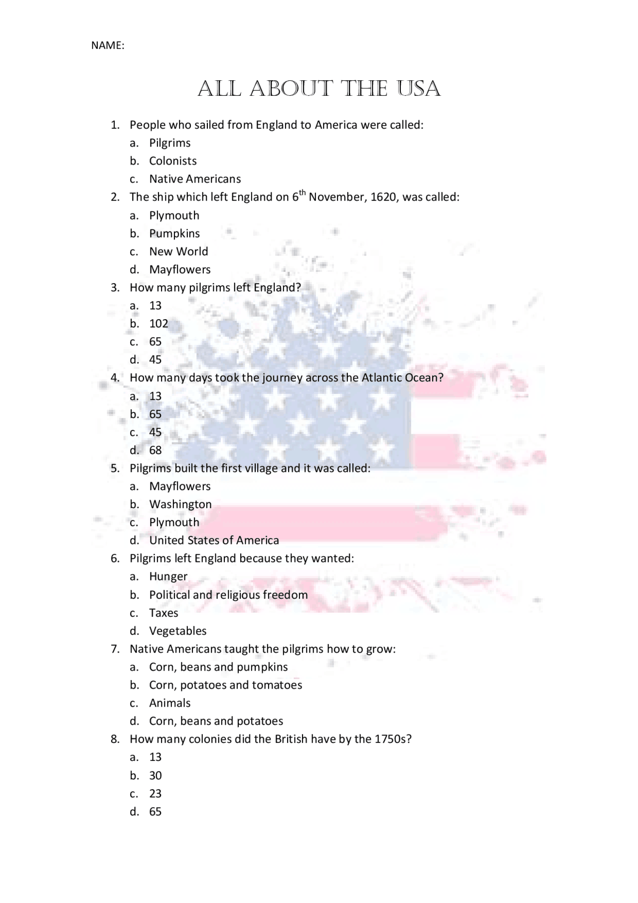 All about the USA_test | Ejercicios de Inglés | Docsity