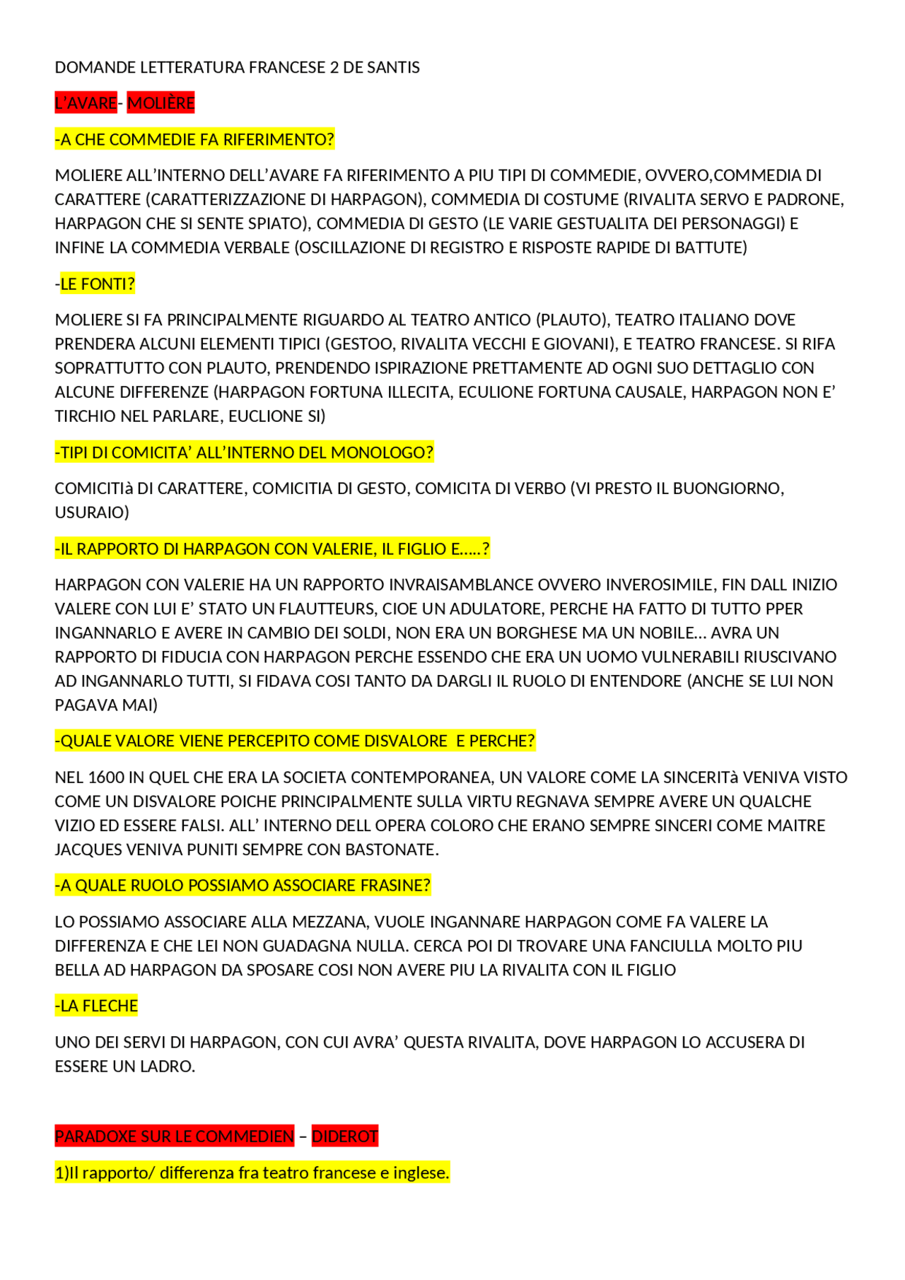 Domande Esame Letteratura Francese 2 Docsity