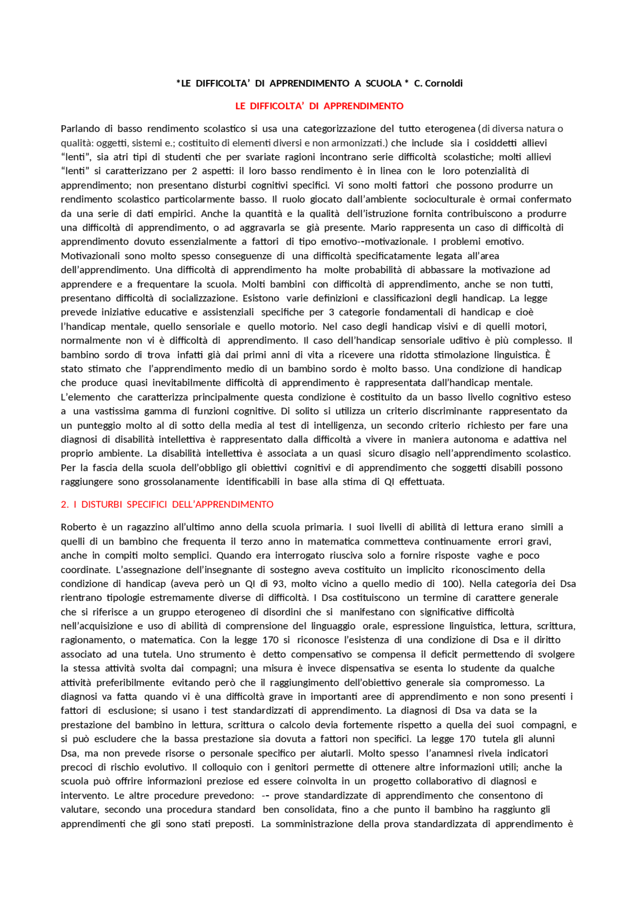 Riassunto Cornoldi Le Difficoltà Di Apprendimento A Scuola Dsa Notes