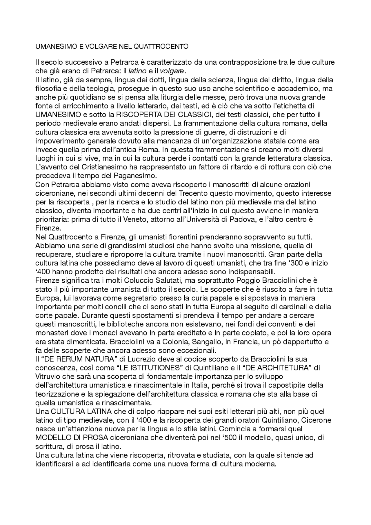 Umanesimo e rinascimento nel '400 - Docsity