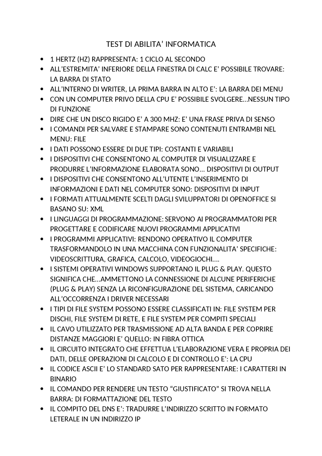 Test Di Abilità Informatica Esercizi Di Elementi Di Informatica Docsity