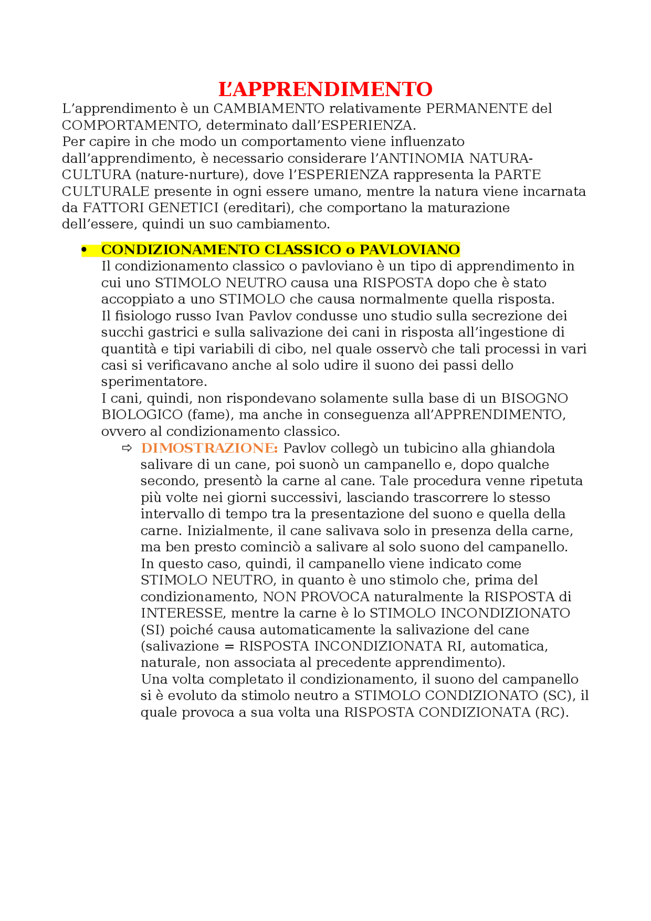 Il Condizionamento Classico Docsity