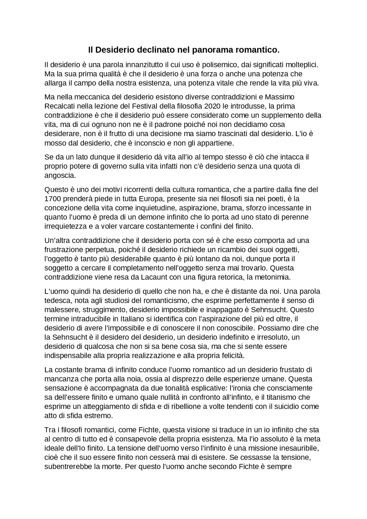 Il Desiderio Declinato Nel Panorama Romantico Docsity