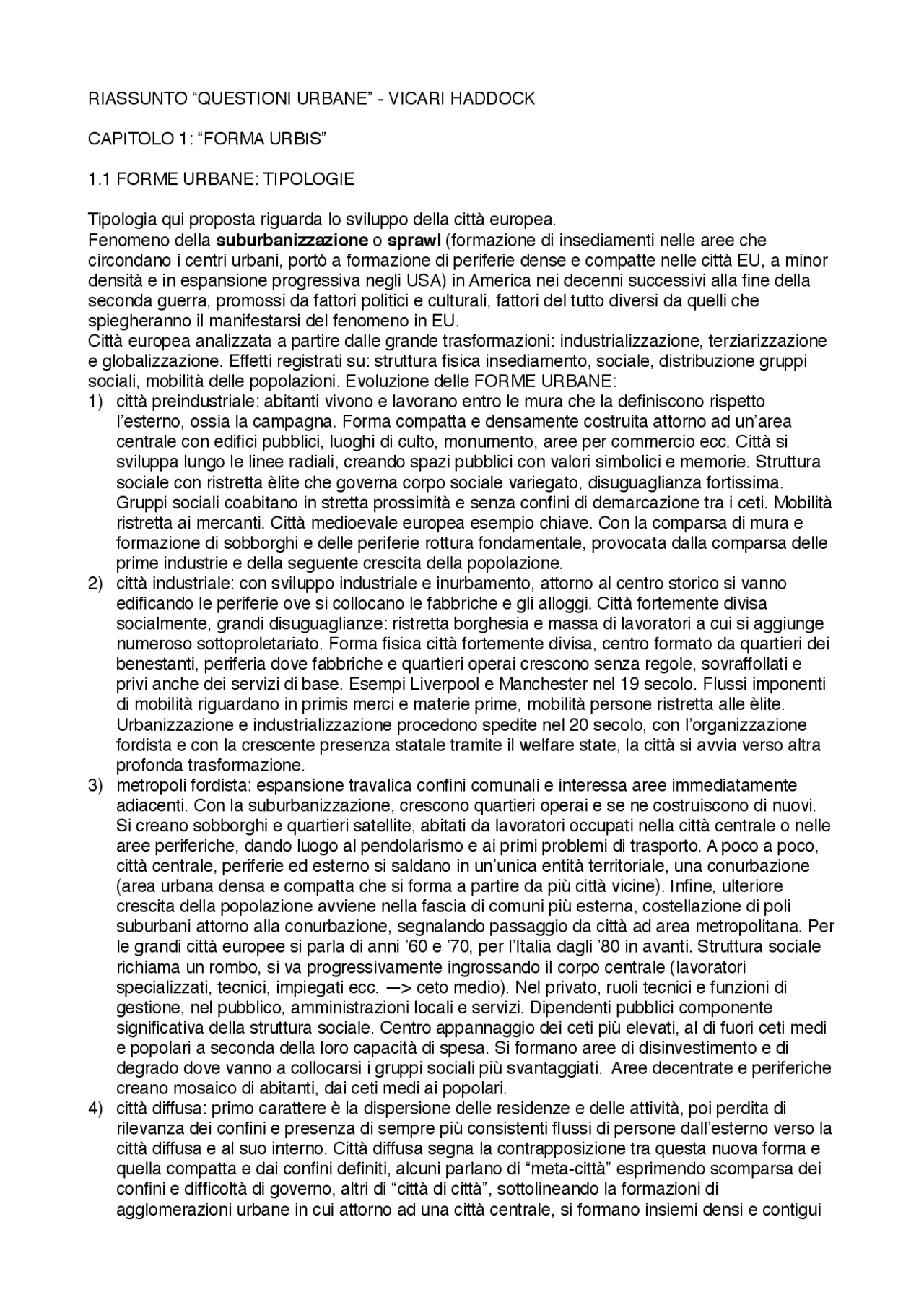 Riassunto Questioni Urbane Docsity