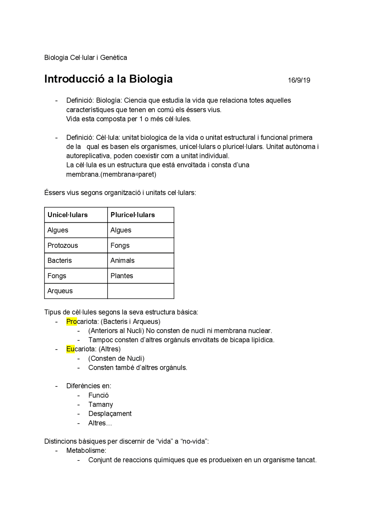 Biologia Cel·lular I Genètica 1r Carrera Docsity