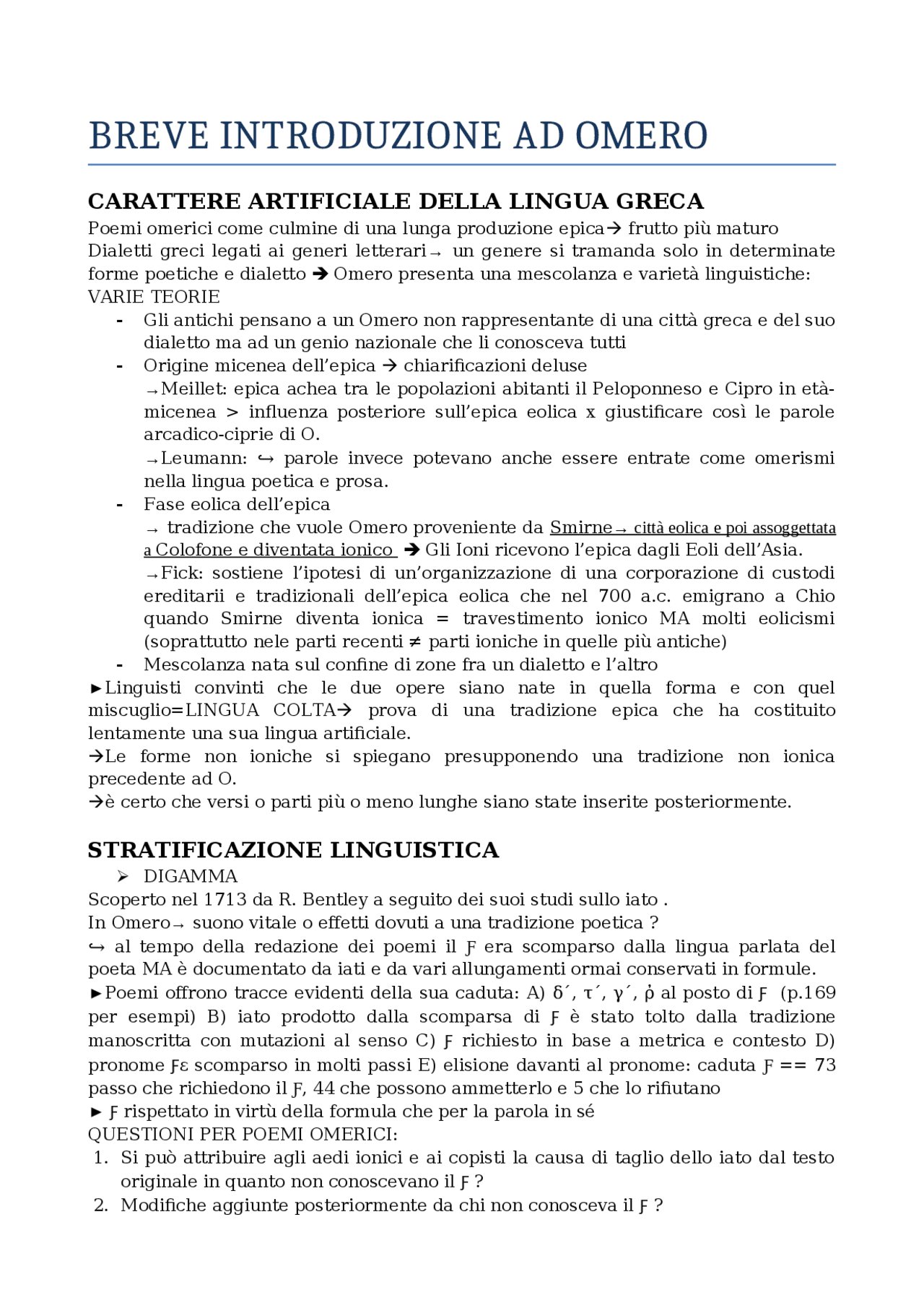 Breve Introduzione Ad Omero Docsity
