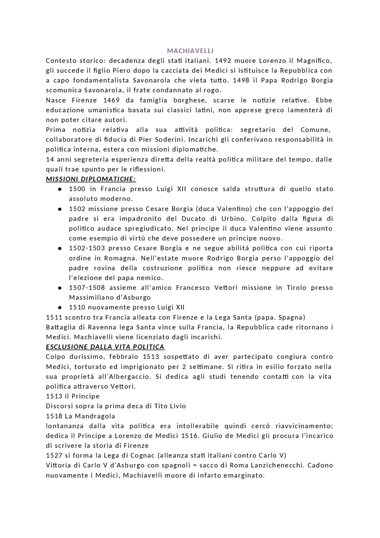 Italiano Vita Opere Di Machiavelli Docsity