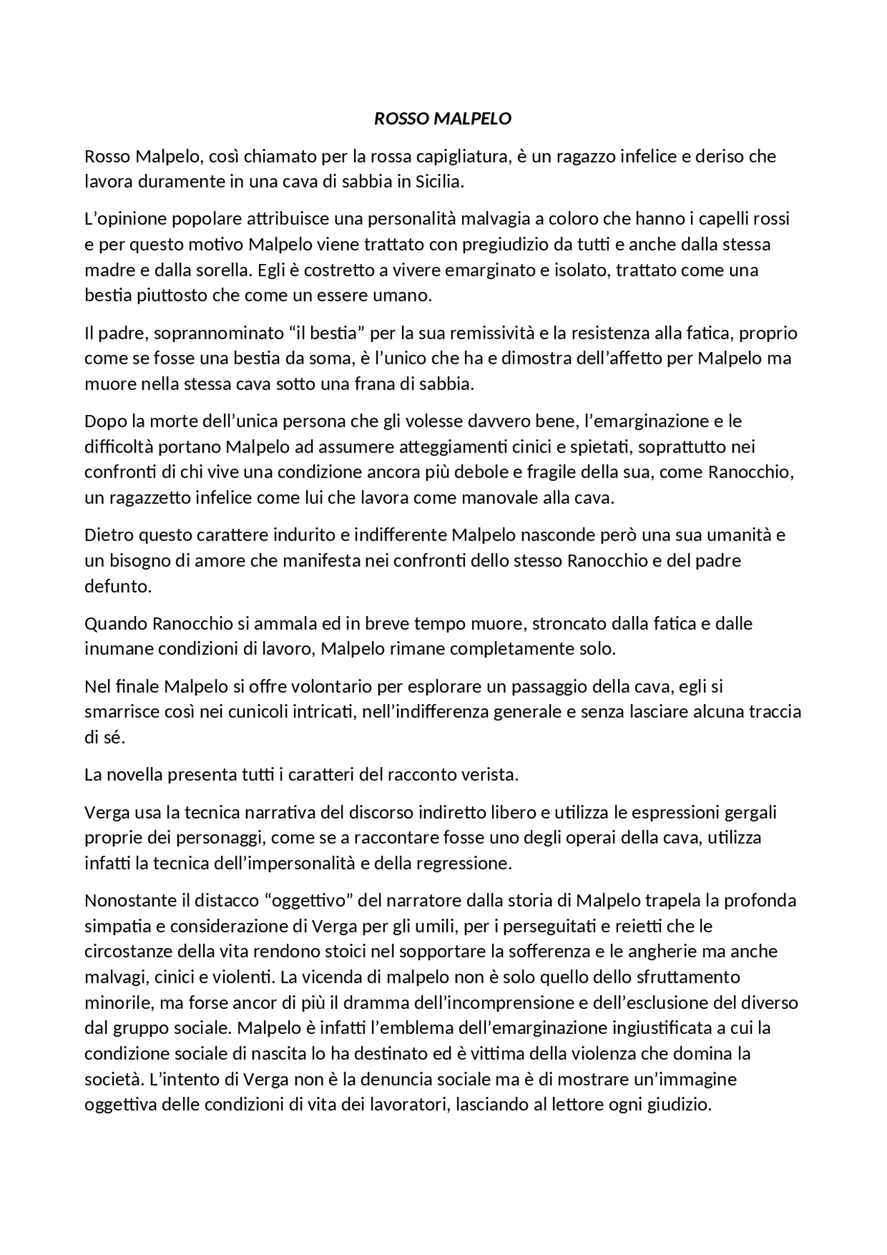 Rosso Malpelo Di Giovanni Verga Docsity