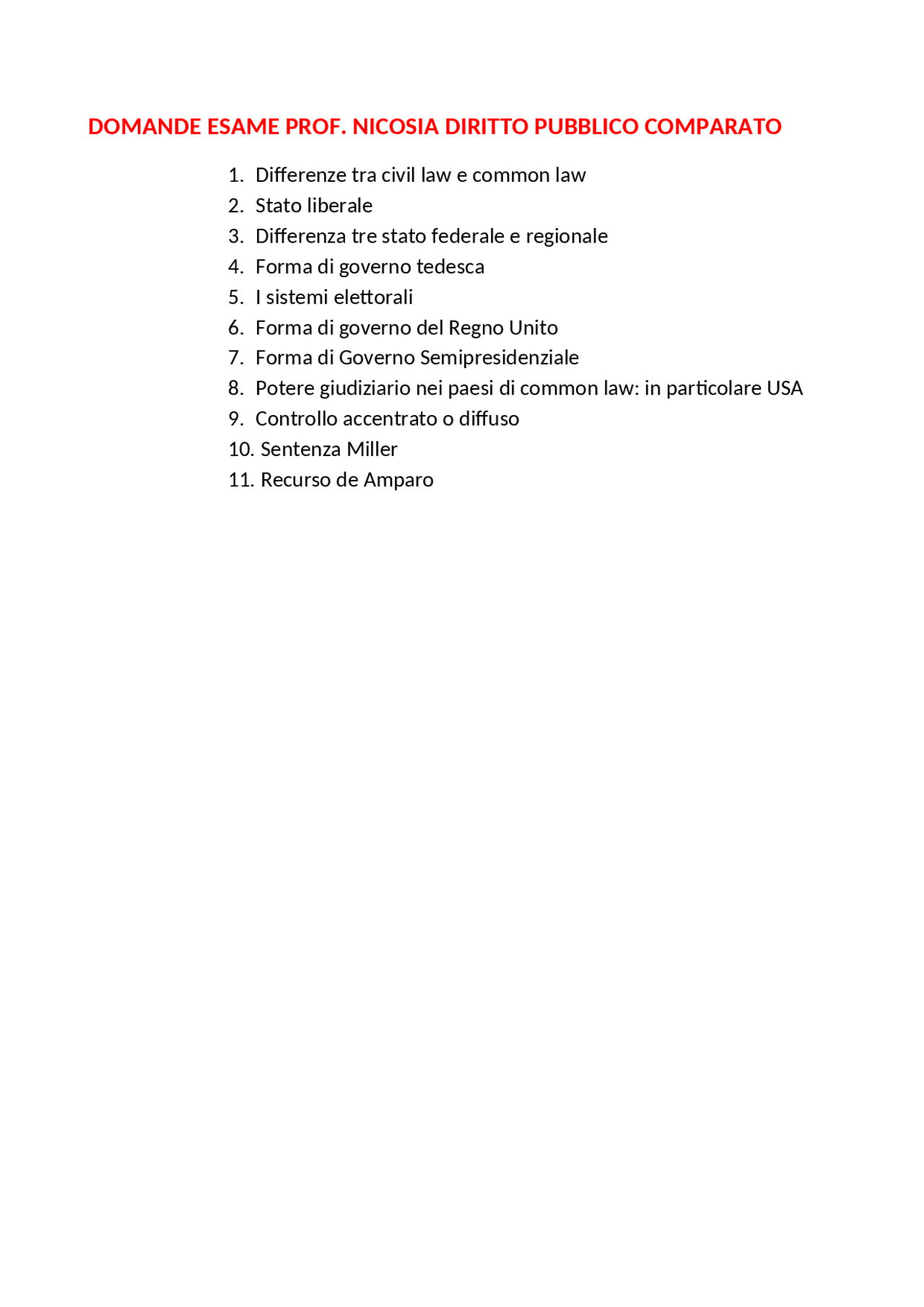 Domande esame diritto Pubblico Comparato anno 2019/2020 - Docsity