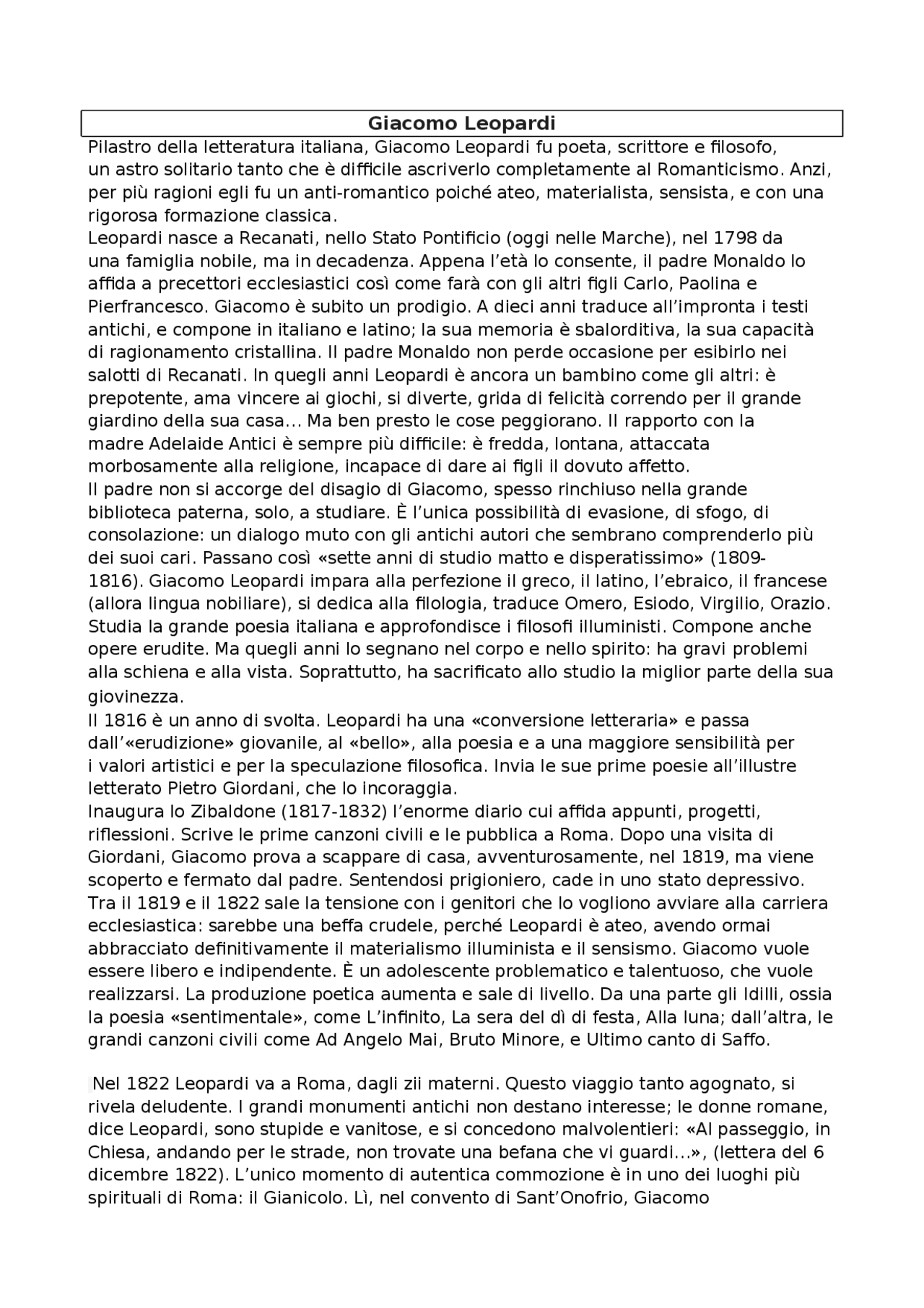 Giacomo leopardi: vita - Docsity