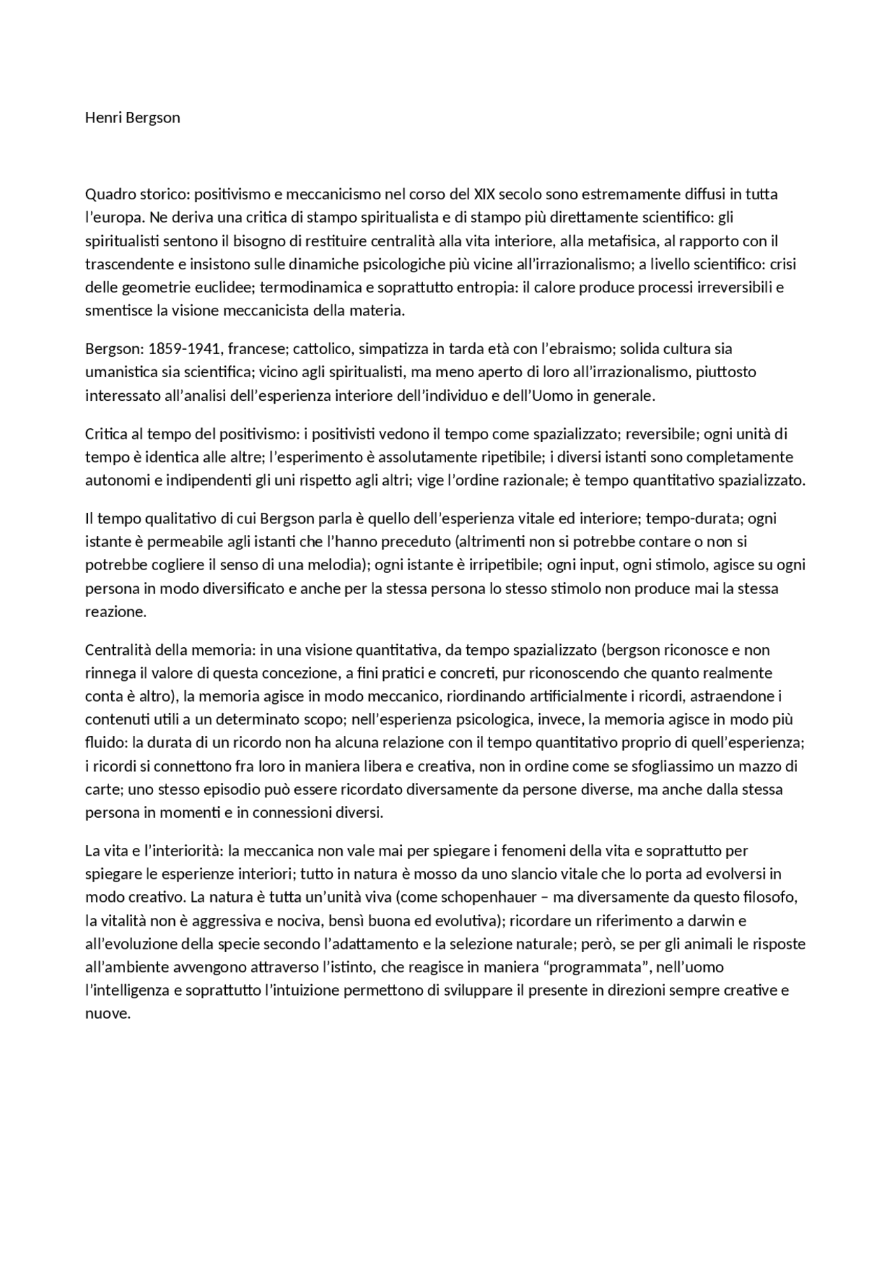 Bergson Riassunti Filosofia Docsity