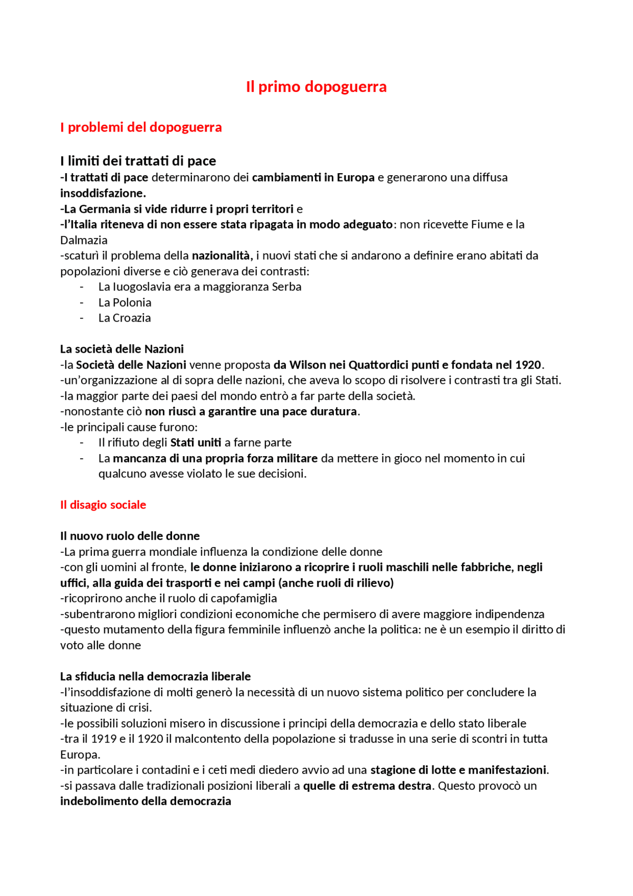 Il Primo Dopoguerra Sintesi Del Corso Di Storia Docsity