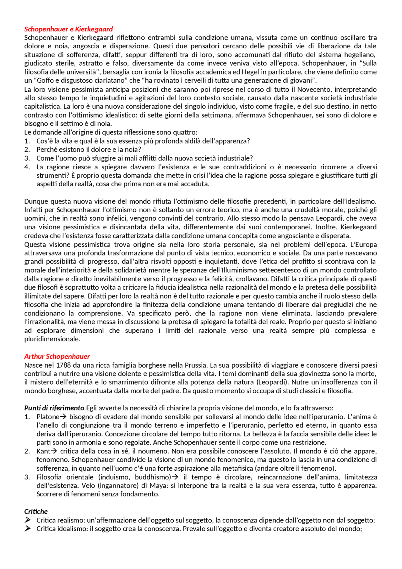 Riassunti Su Schopenhauer E Kierkegaard Docsity