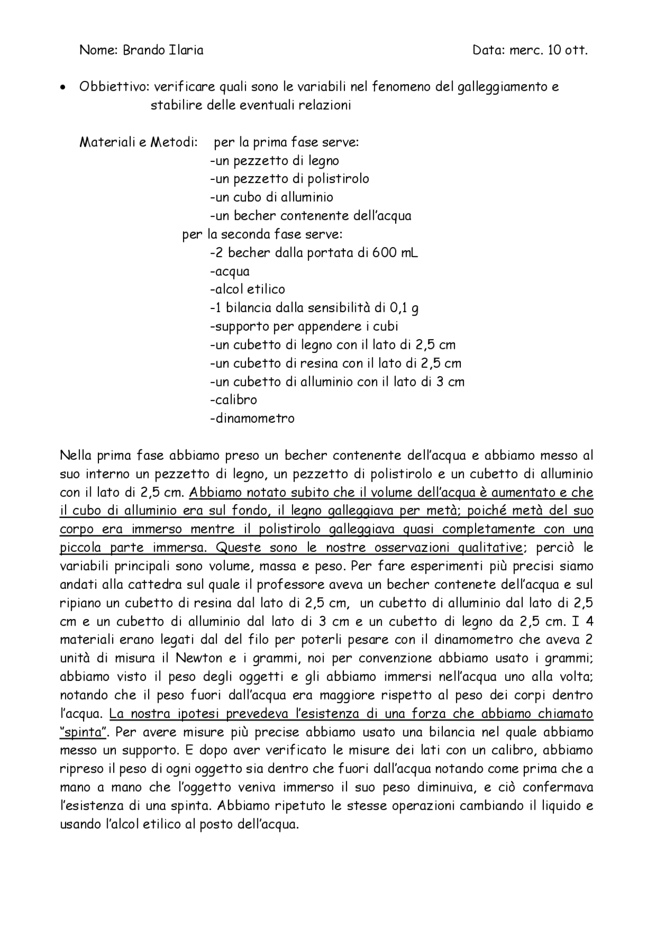 Relazione Di Laboratorio Spinta Di Archimede Appunti Di Scienze
