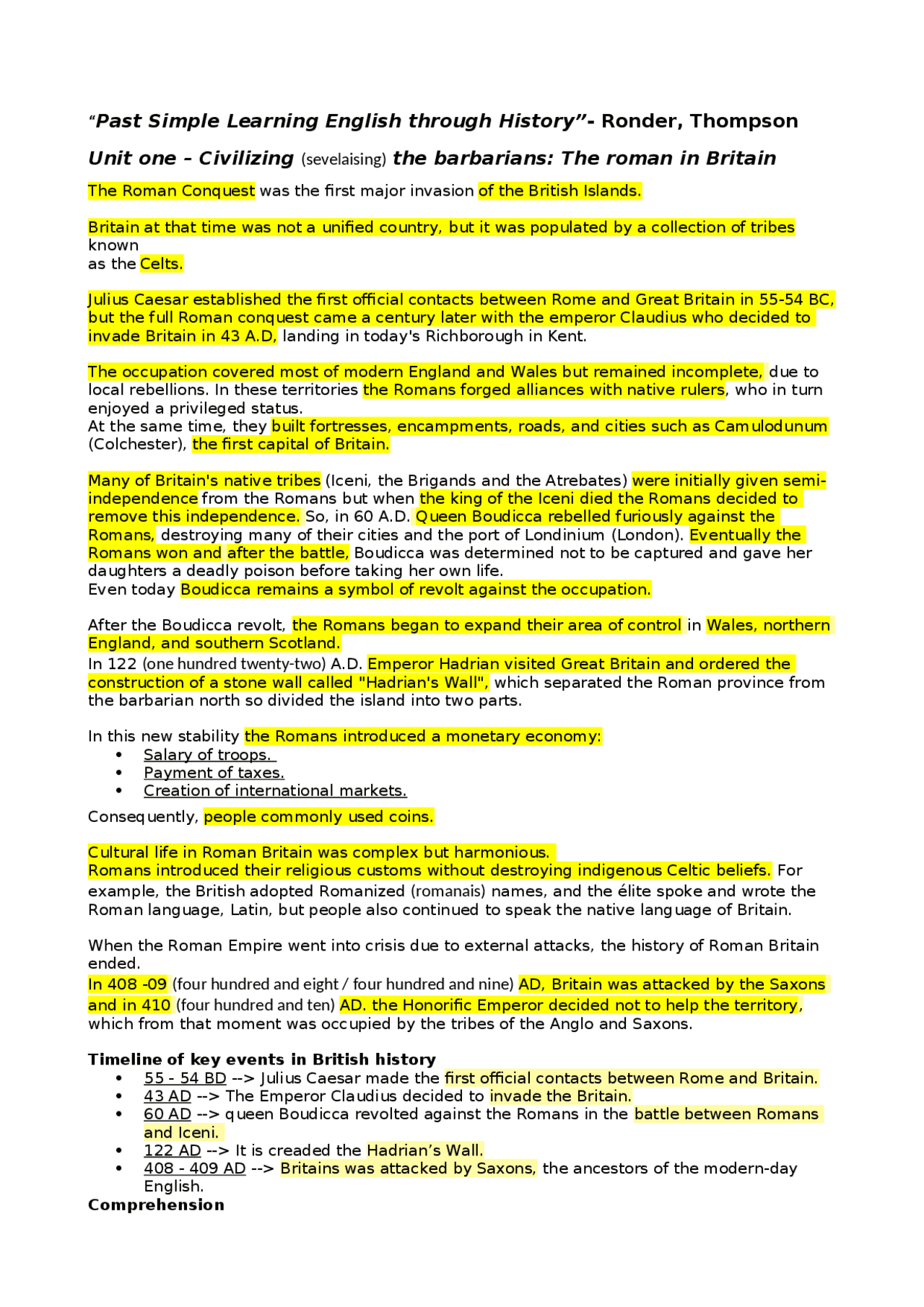 Past Simple Learning English Through History Ronder Thompson Docsity
