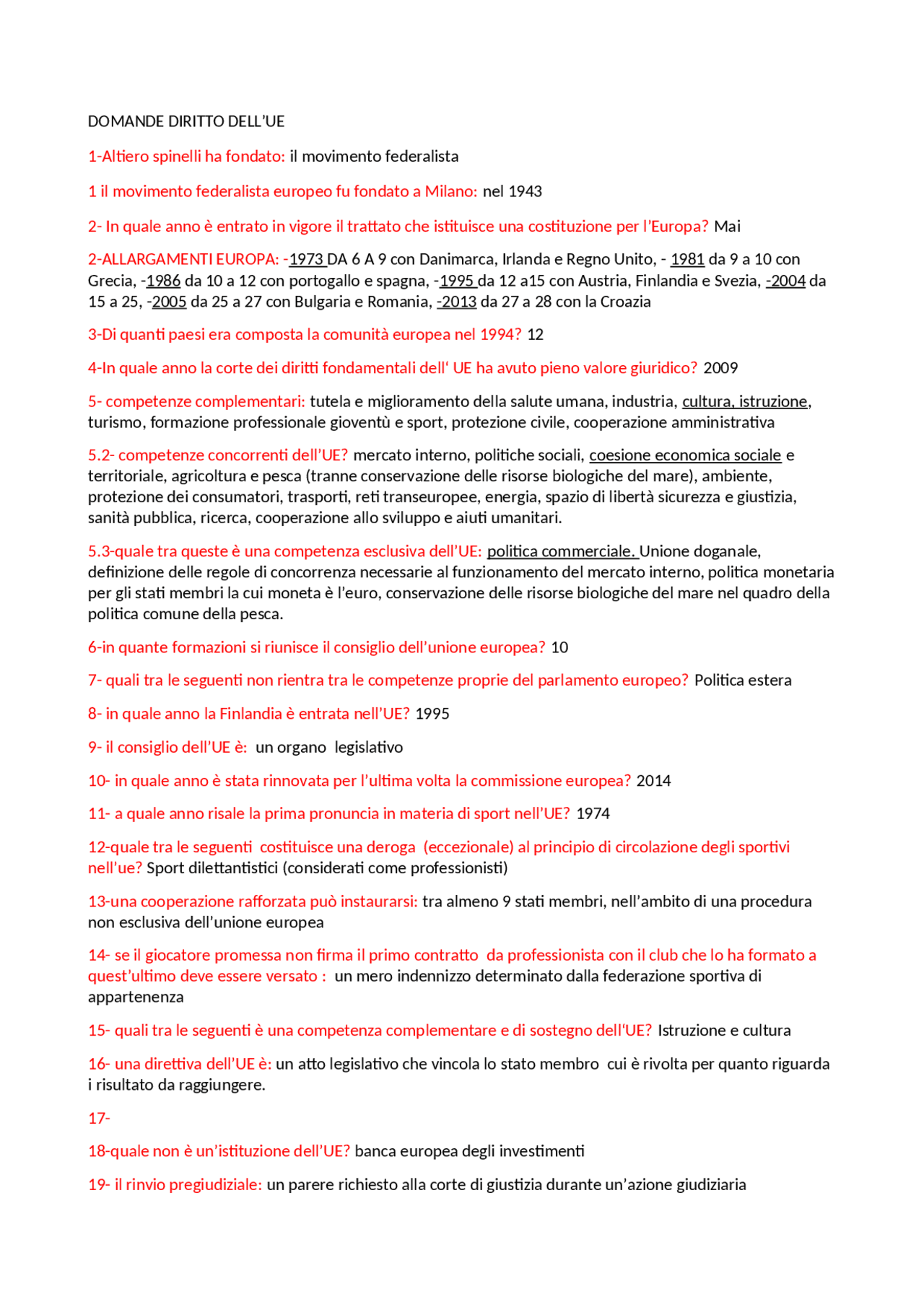 Riassunto diritto dell'unione europea per scienze motorie - Docsity