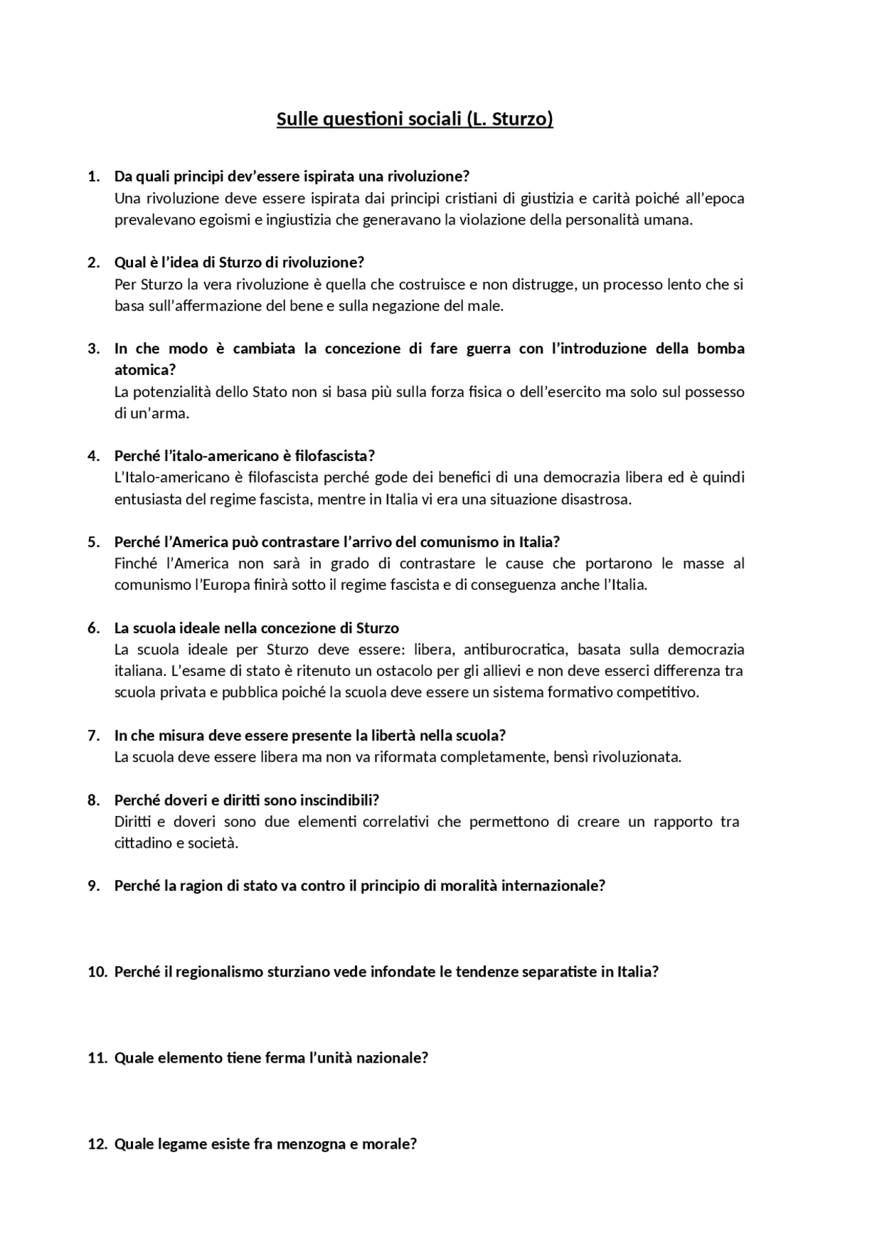 Sulle Questioni Sociali Luigi Sturzo Docsity
