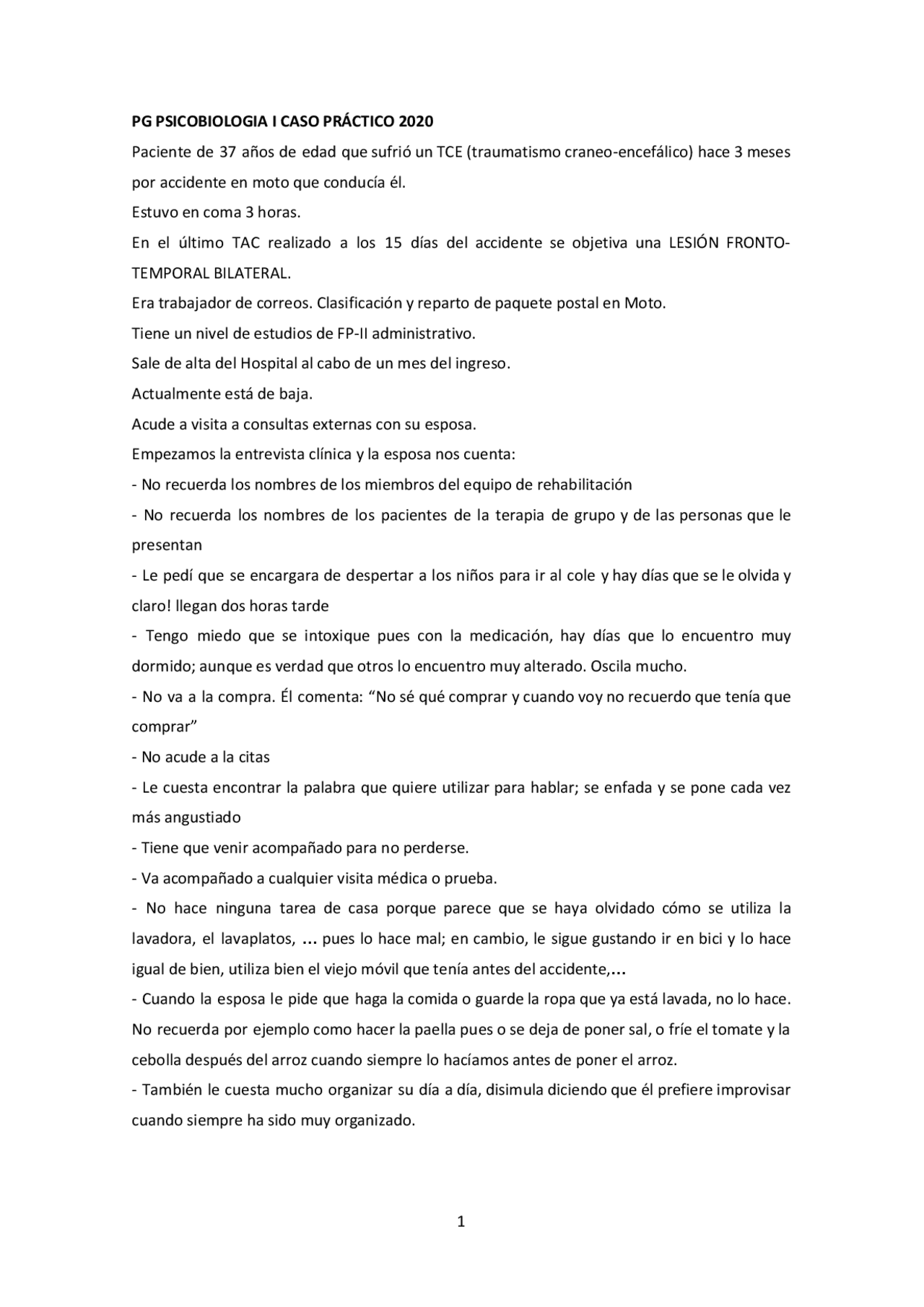 Caso Práctico Psicobiología Ejercicios De Psicobiología Docsity