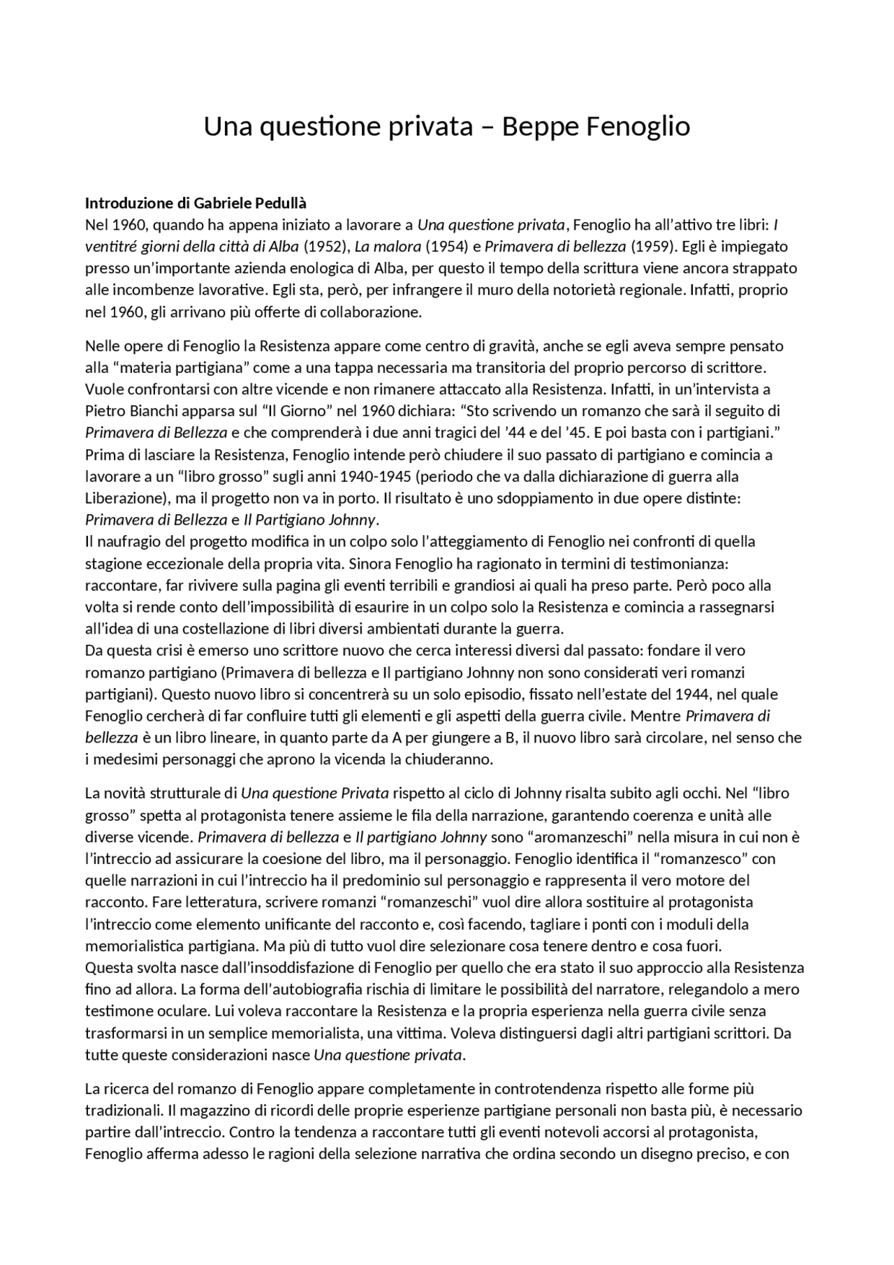 Una Questione Privata B Fenoglio Docsity