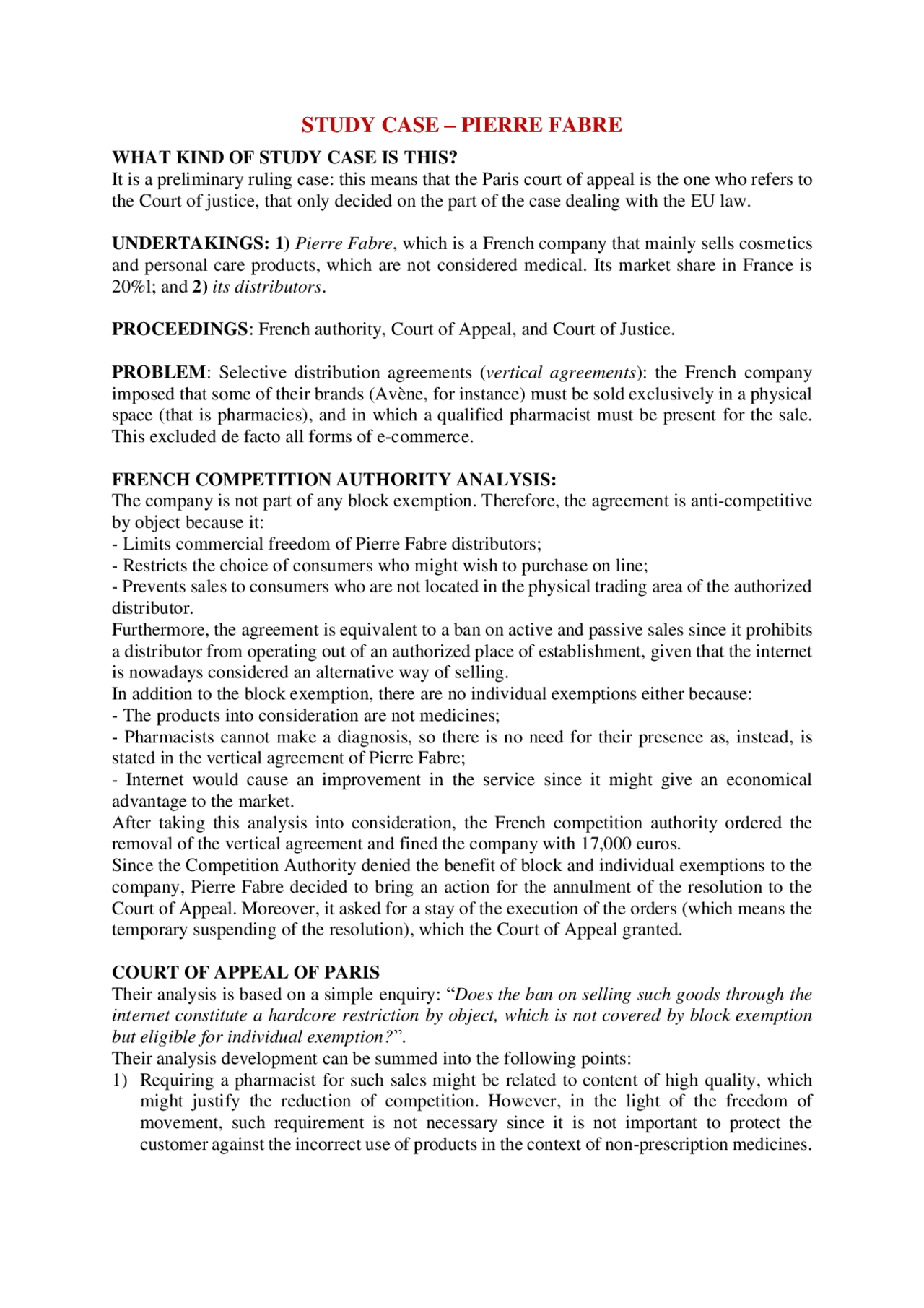 Competition Law - Study cases - Docsity