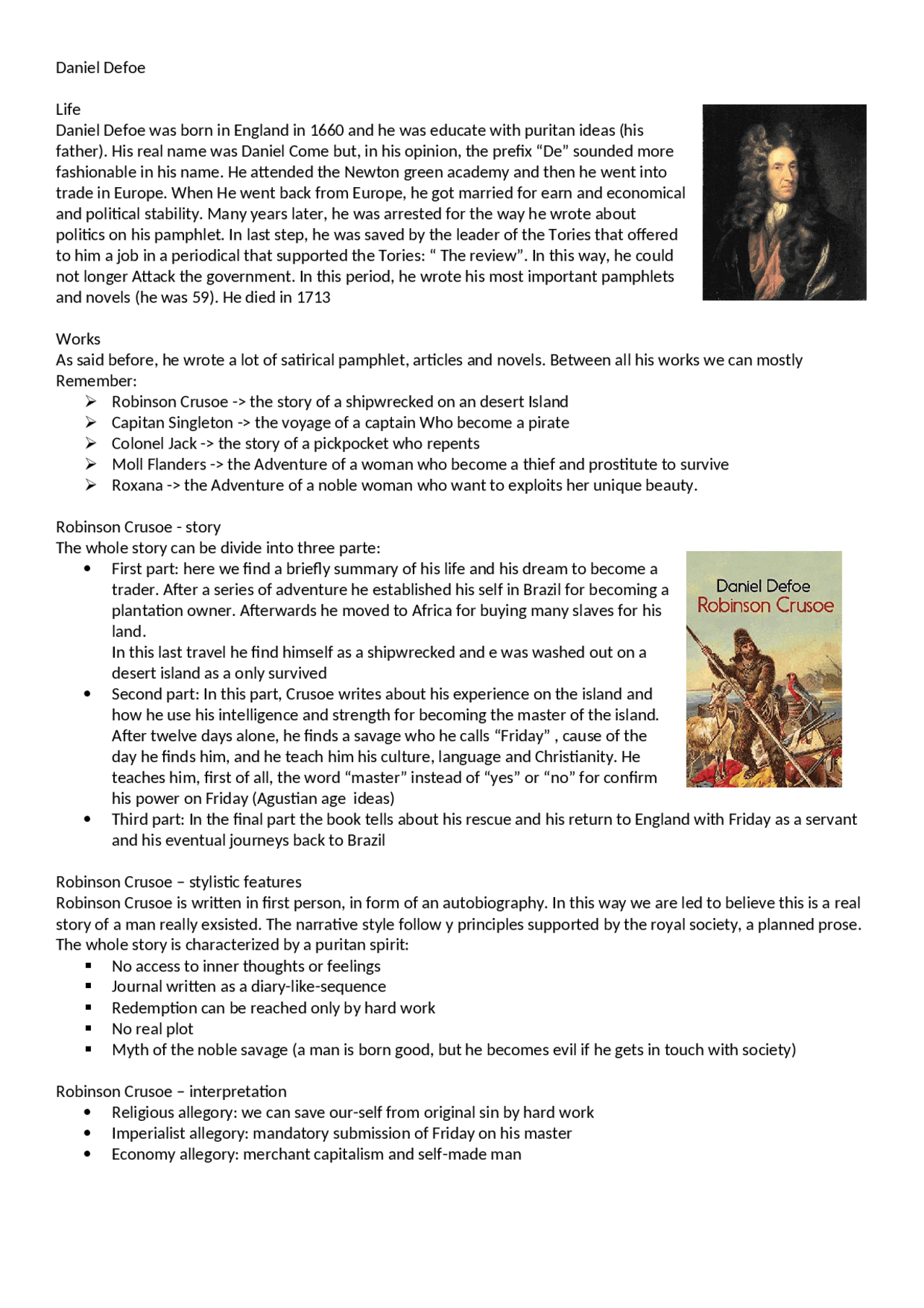 Vita E Opere Di Daniel Defoe Docsity
