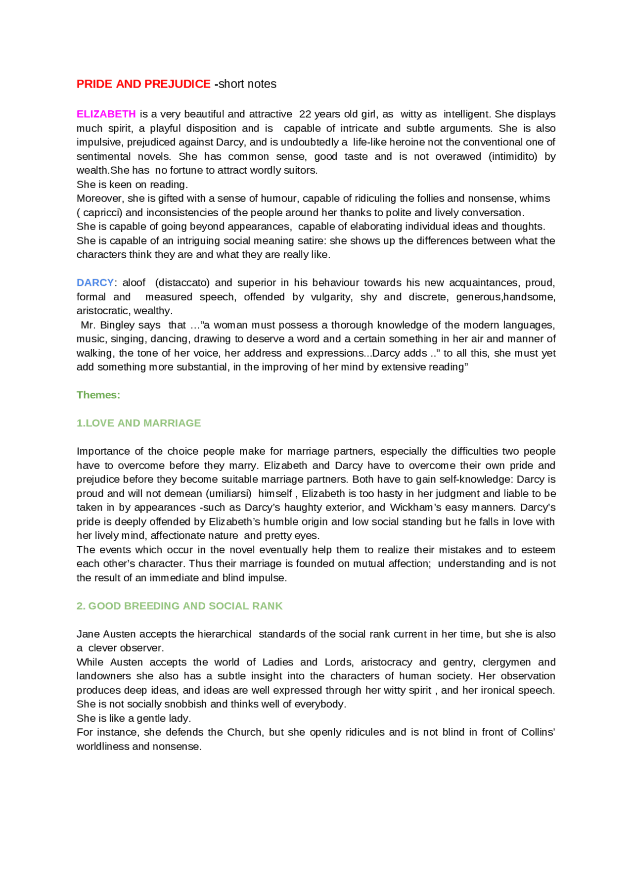 Pride and Prejudice -short analysis | Appunti di Inglese - Docsity