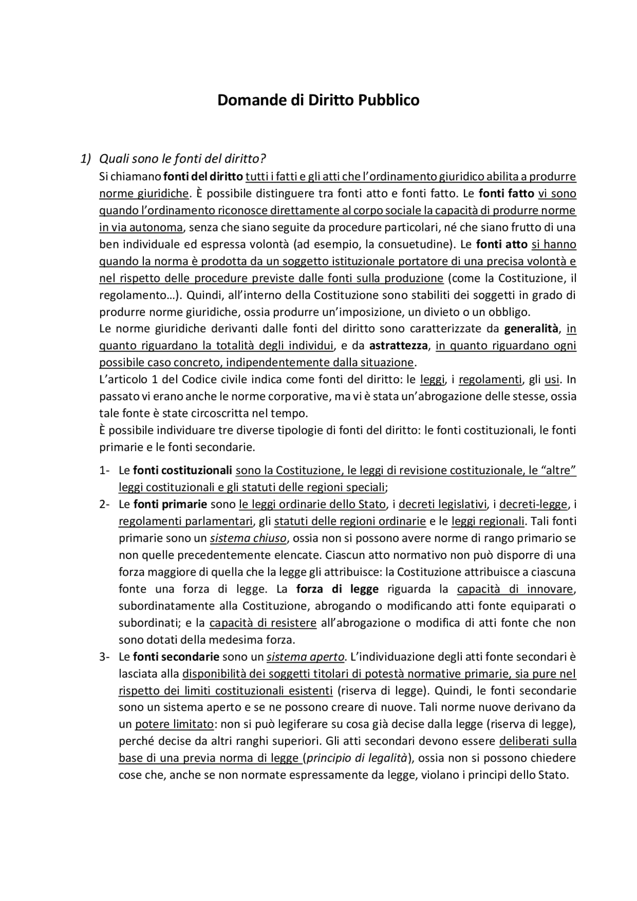 Domande E Risposte Di Diritto Pubblico Sef Docsity