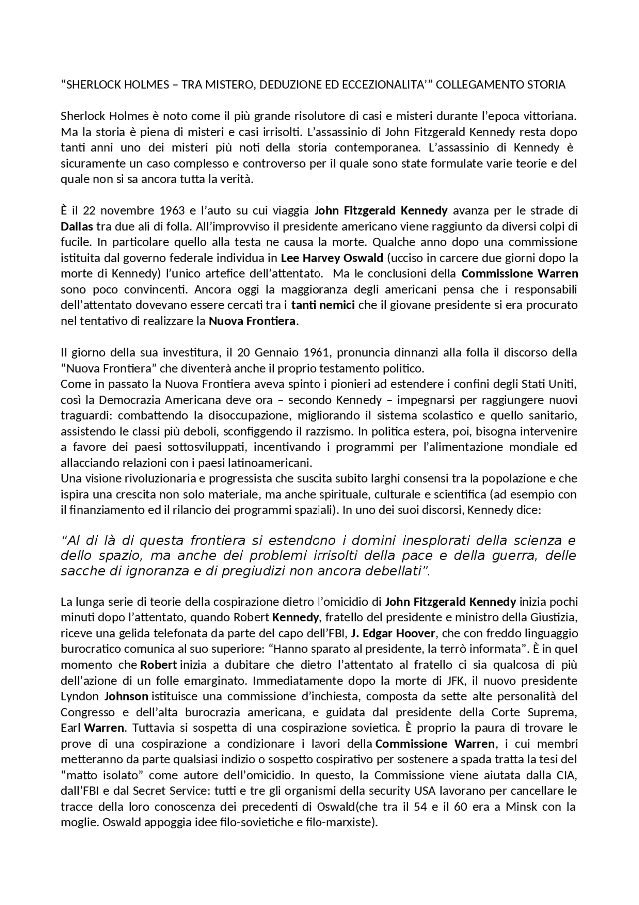 Sherlock Holmes E Assassinio Jfk Riassunto Storia Docsity