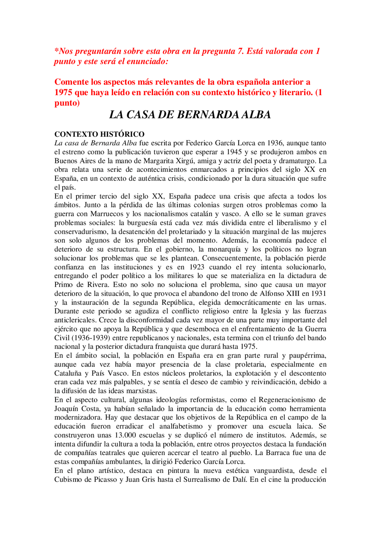 Guía de lectura La Casa de Bernarda Alba - Docsity