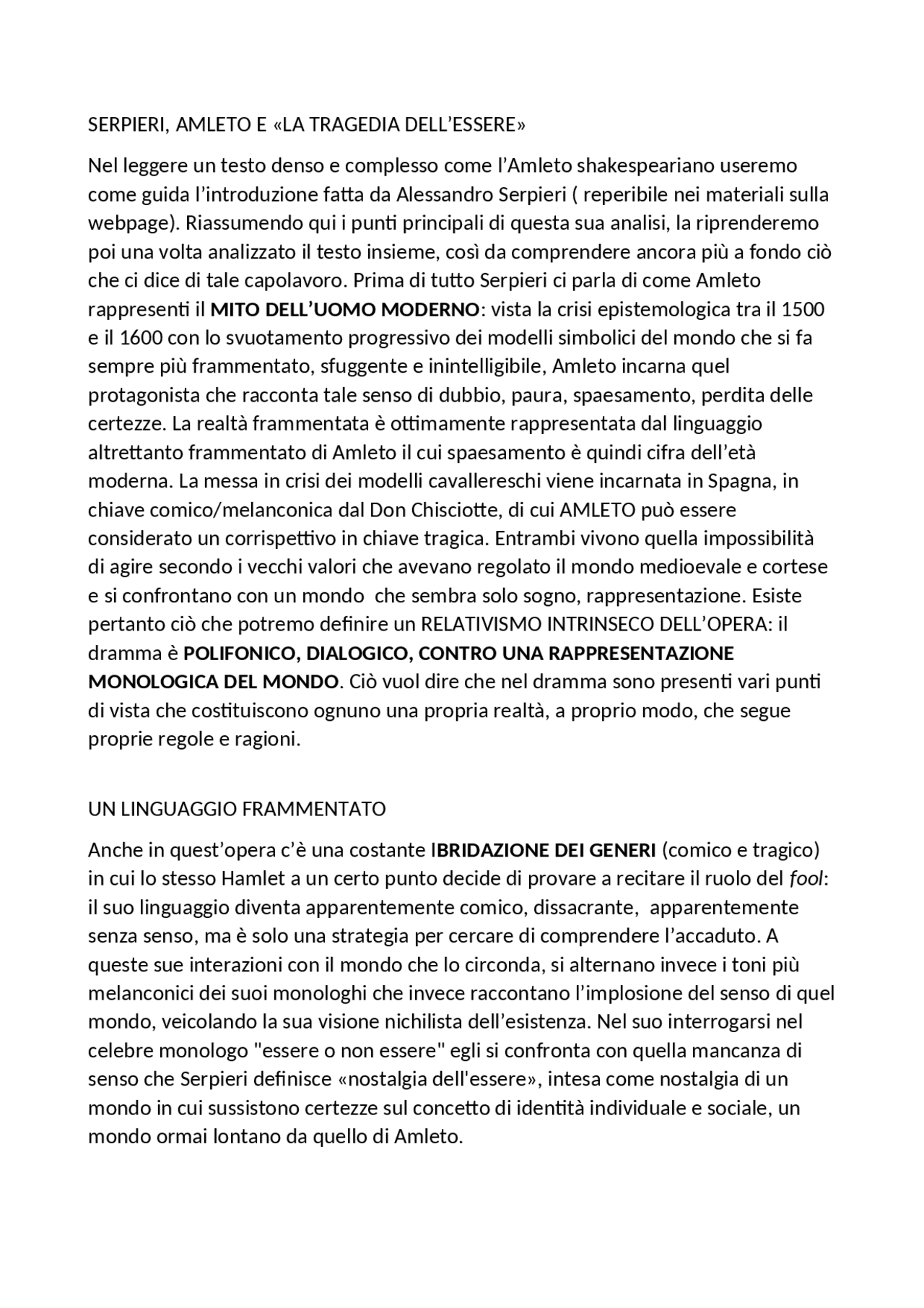 Introduzione Hamlet Shakespeare Docsity