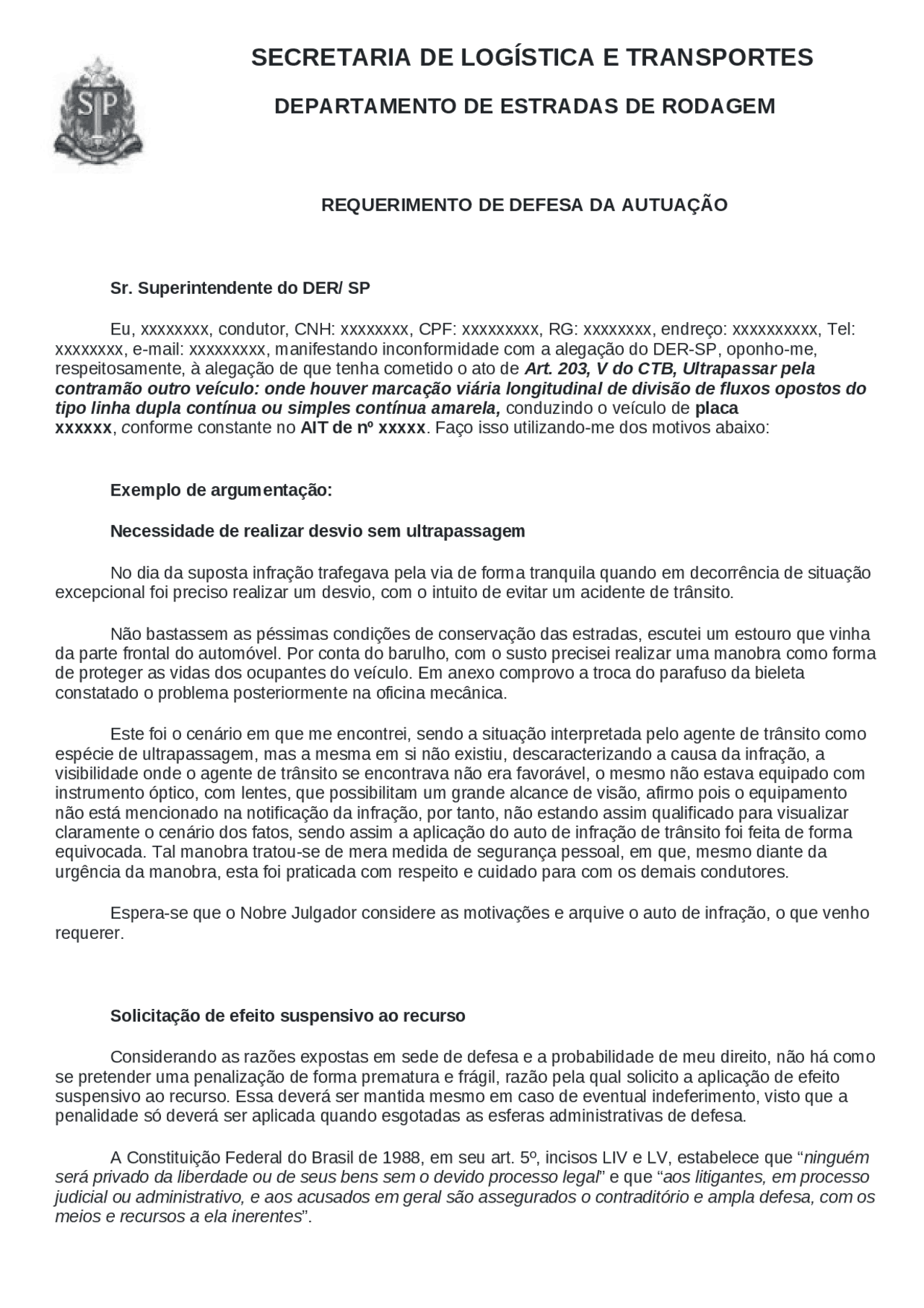 Recurso de multa DER - Infração de ultrapassagem em linha continua ...