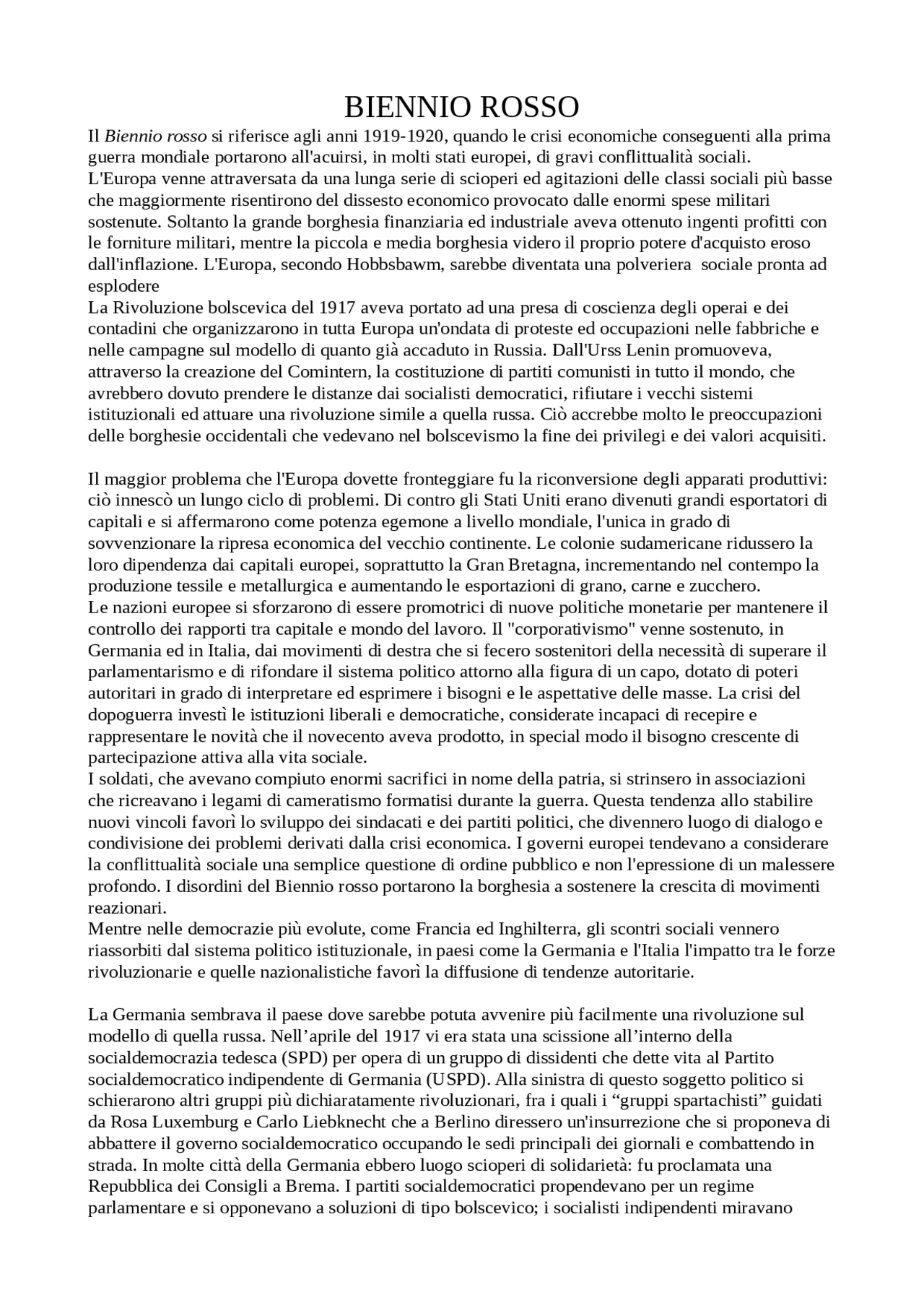 Storia del biennio rosso - Docsity