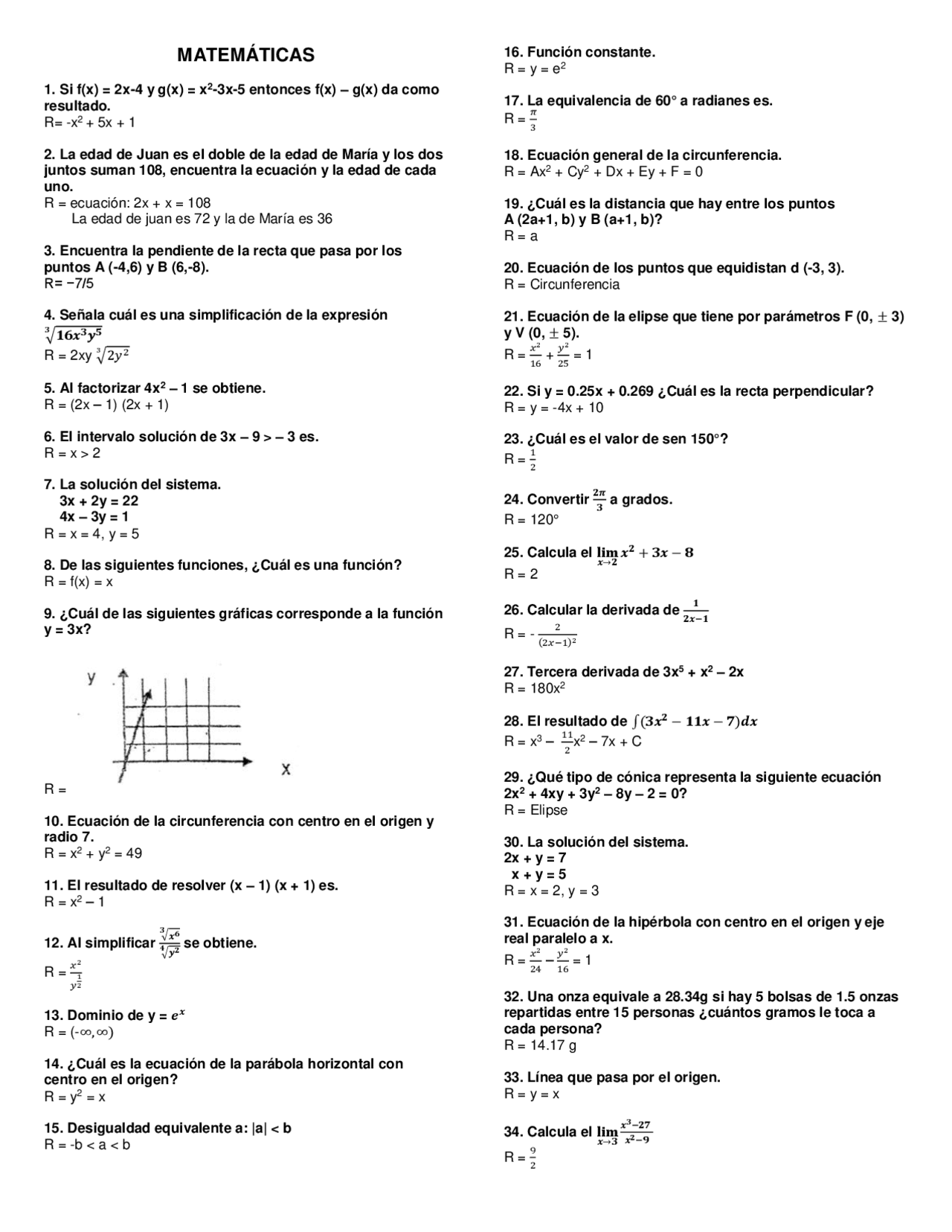 Ejercicios De Matematicas Exani Ii Exámenes De Matemáticas Docsity