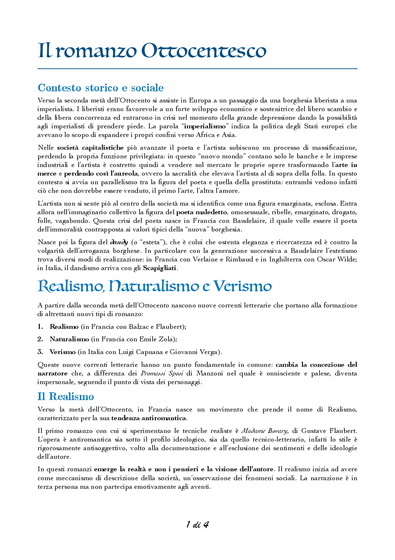 Il romanzo ottocentesco | Sintesi del corso di Italiano | Docsity